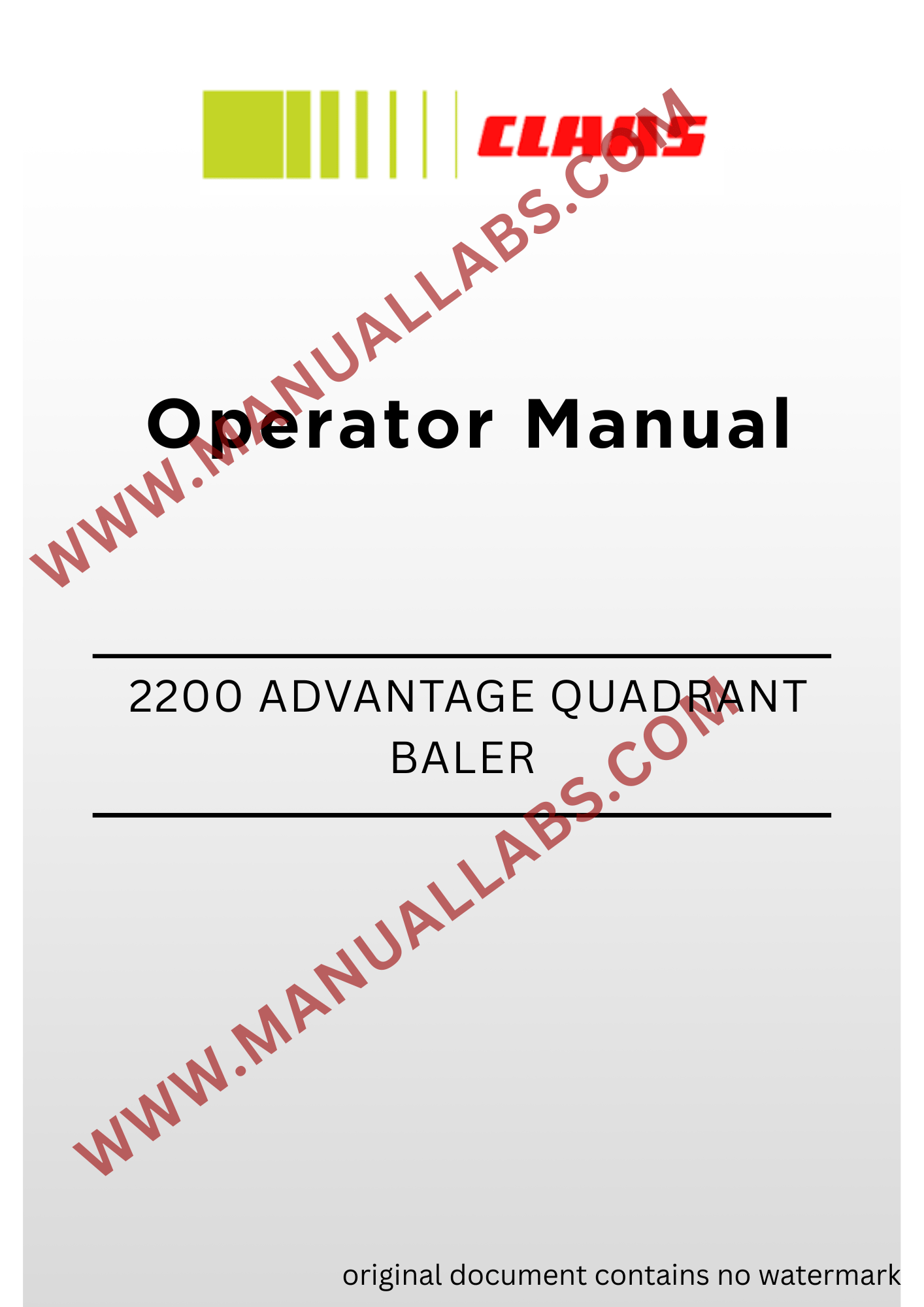 Claas 2200 Advantage Quadrant Baler Operator Manual