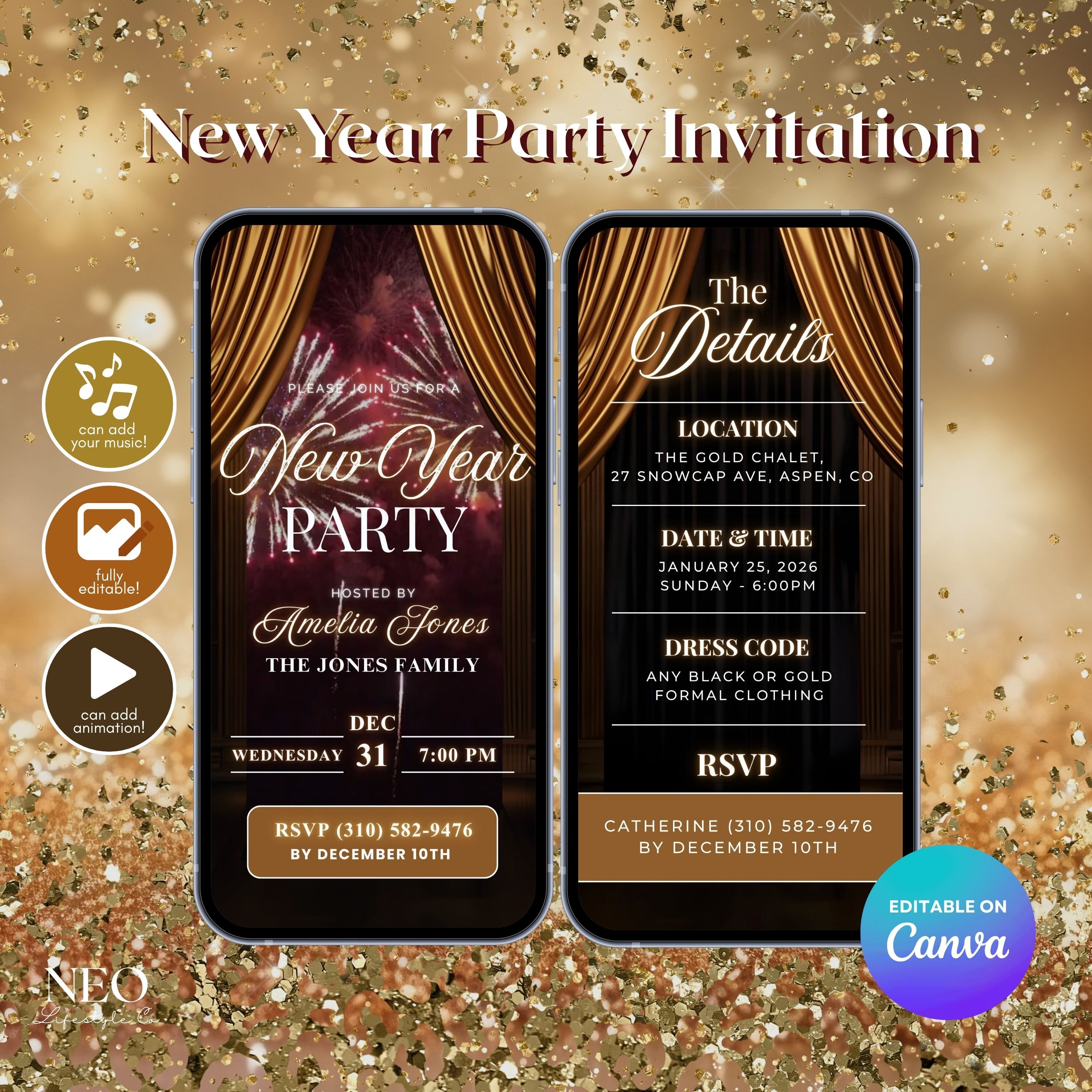 Luxury New Year Invitation, Black & Gold Brown Beige New Year's Eve ...
