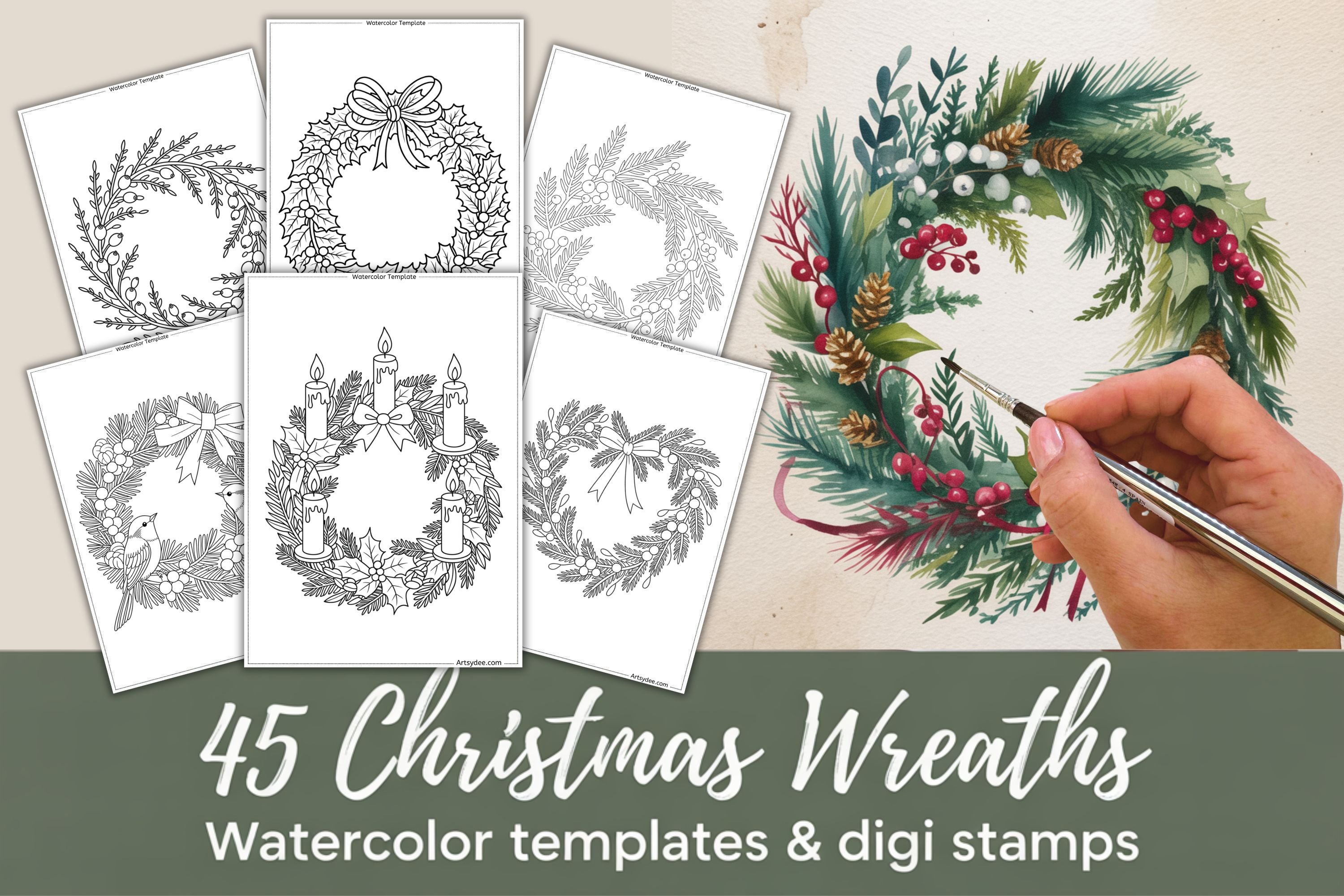 45 Christmas Wreath Watercolor Templates & Digi Stamps – Printable ...