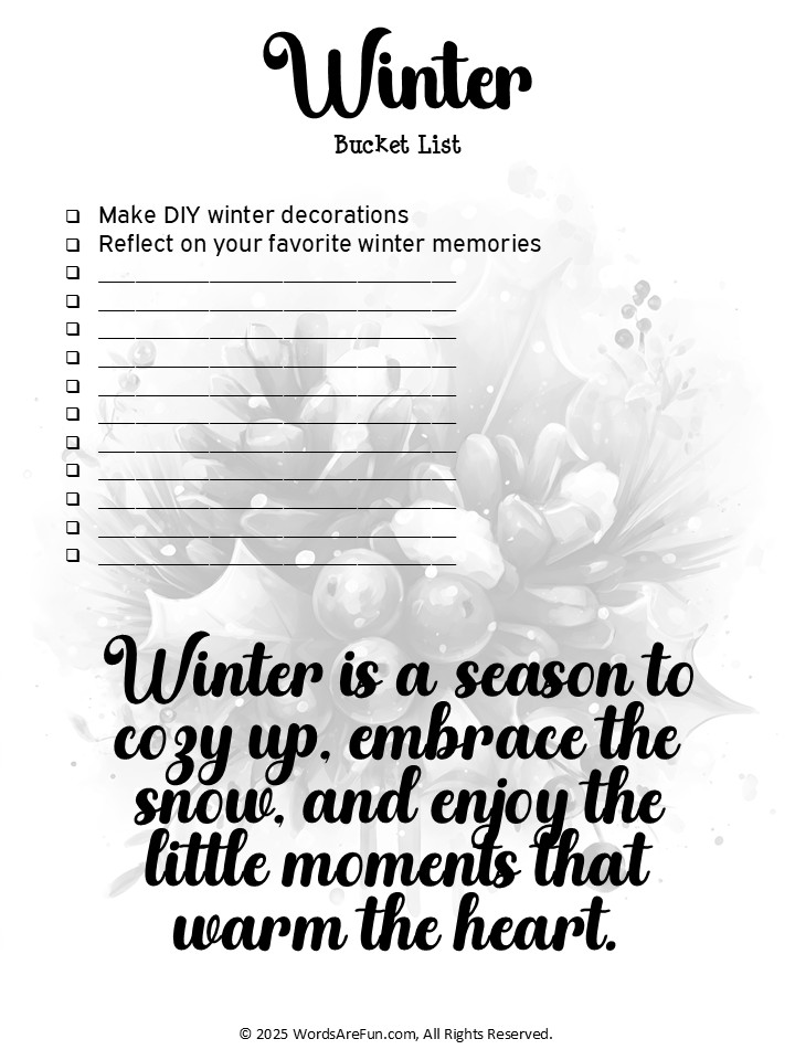 Winter Bucket List Printable – 30 Fun Seasonal Ideas, Writing Space ...