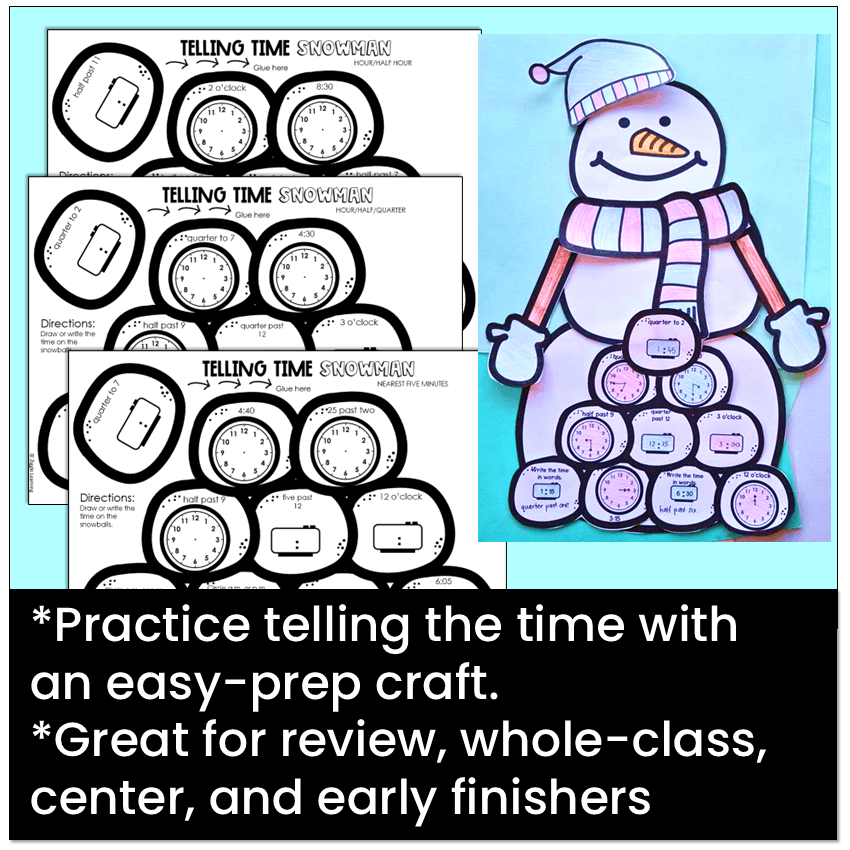 Winter Telling the Time Snowman Craft 1st, 2nd Grade Hour, Nearest 5 ...