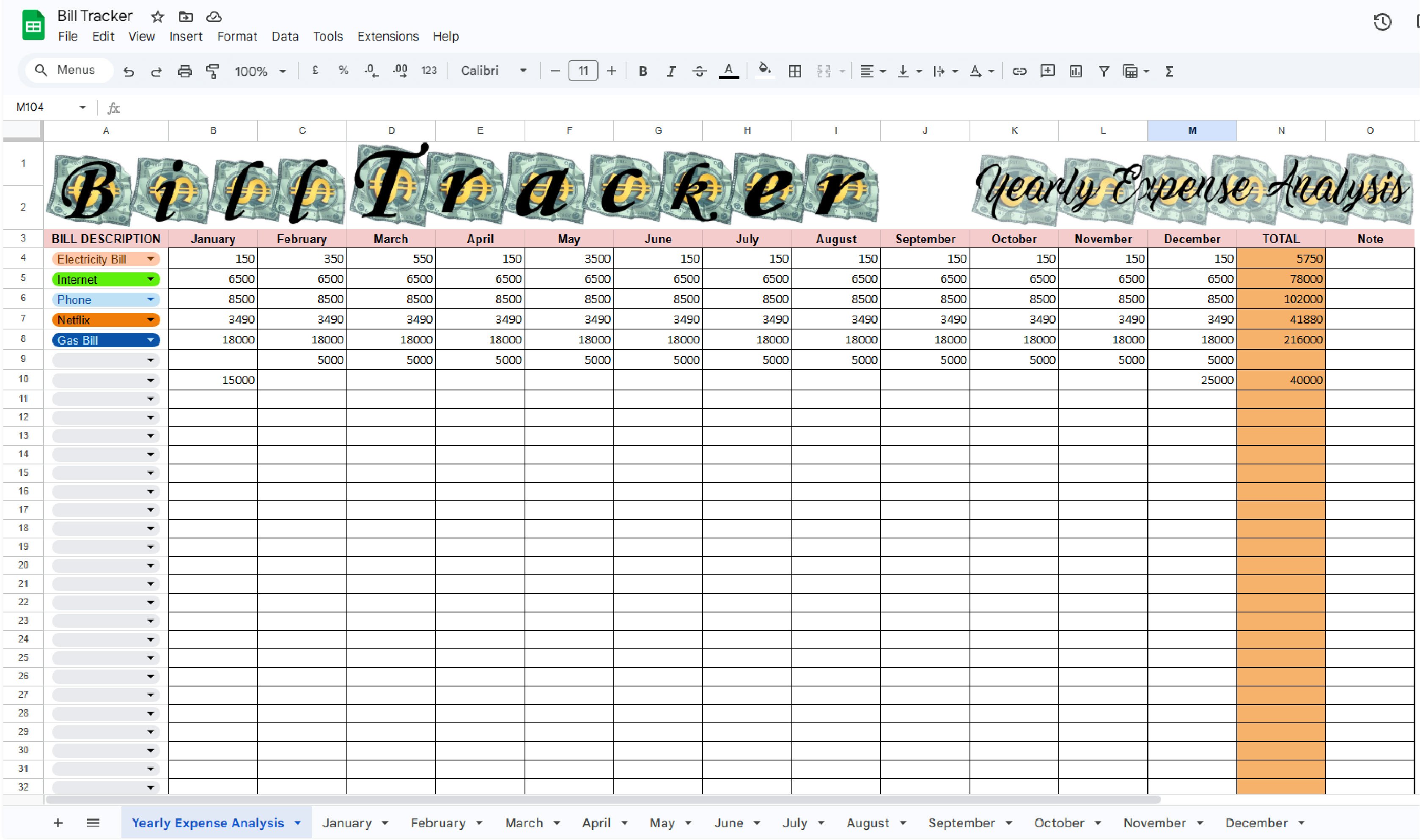 Bill Tracker Spreadsheet | Monthly Bill Organizer, Expense Tracker ...