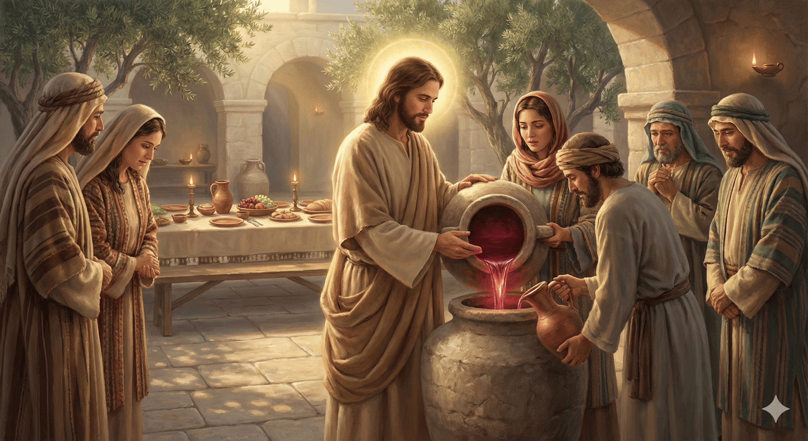 Biblical scene of Jesus turning water into wine - Payhip