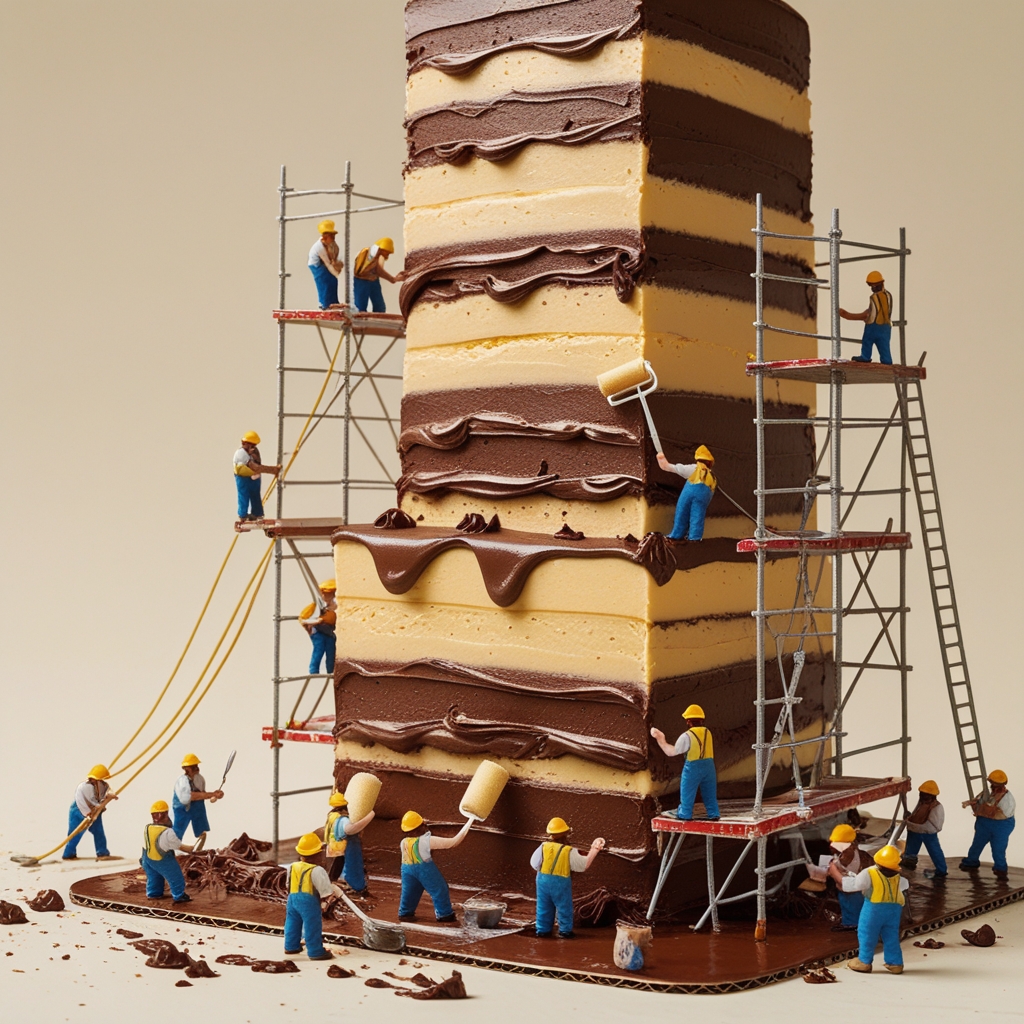 A whimsical scene of tiny workers constructing a cake - Payhip