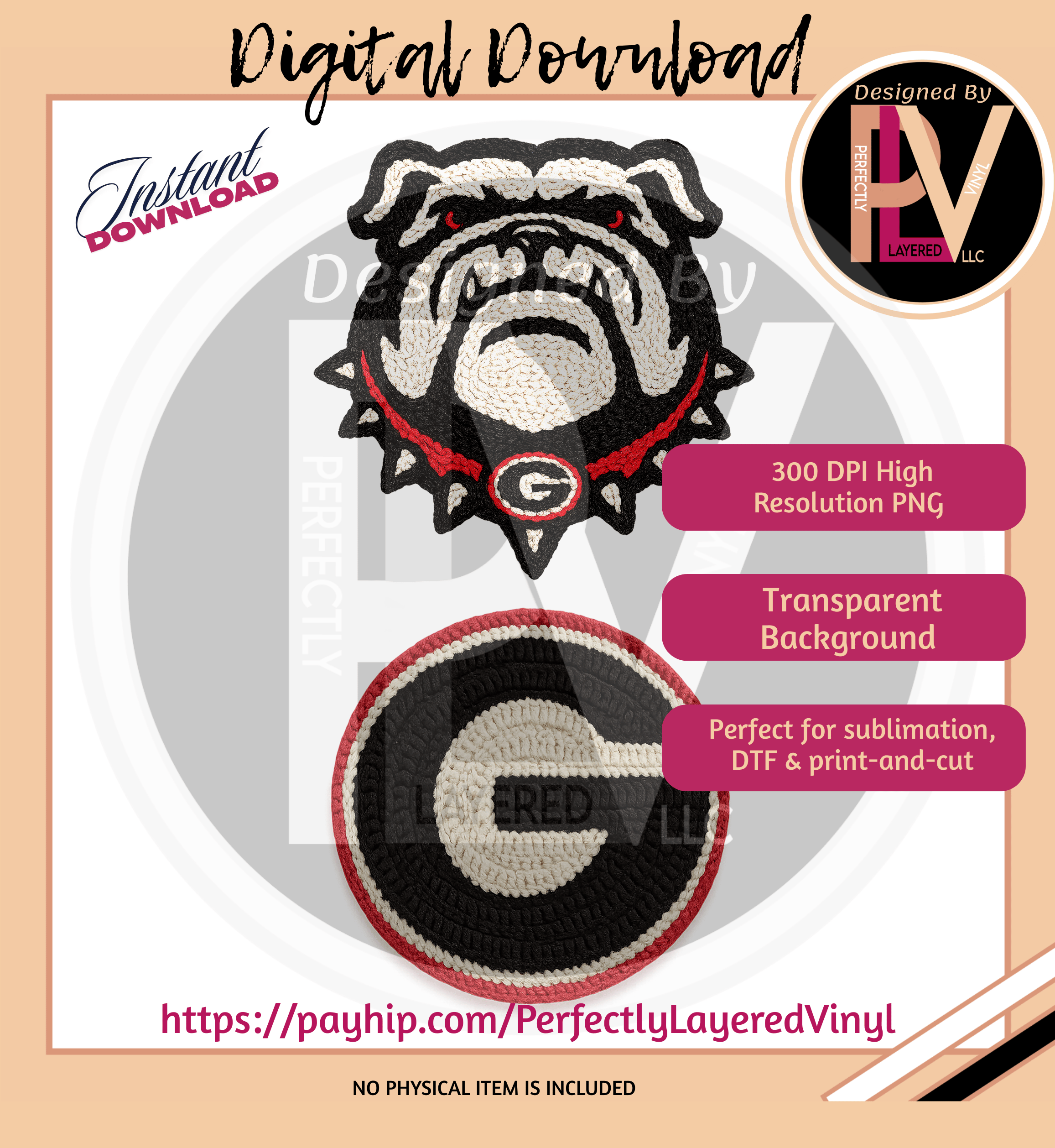 Faux Crochet Bulldog Head Round Letter Badge PNG | 300 DPI - Payhip