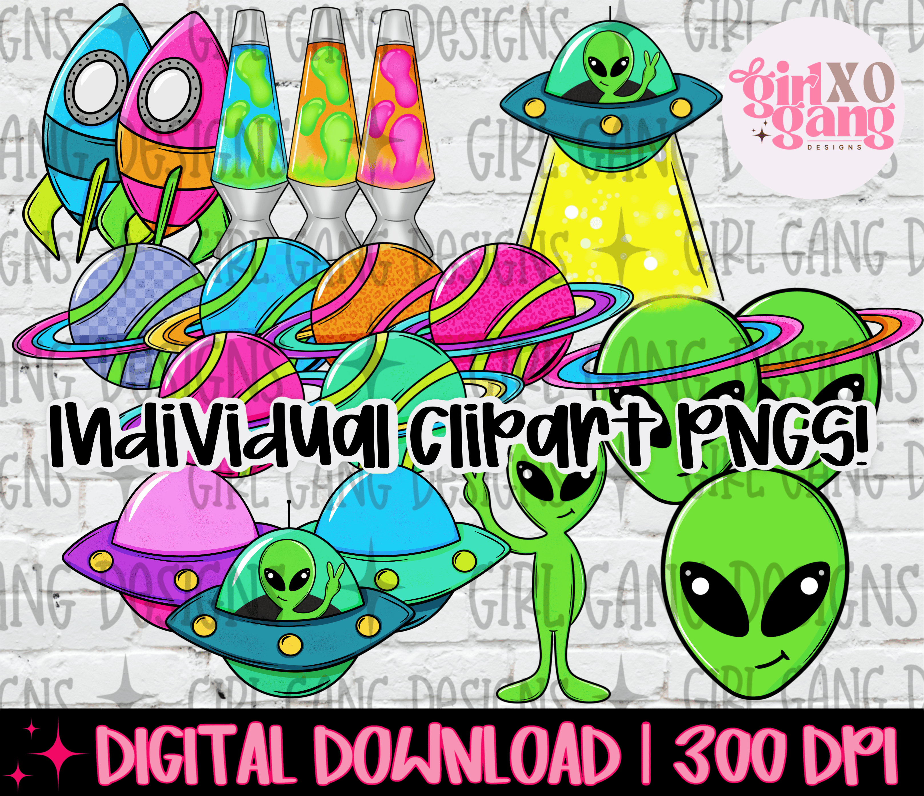 Groovy alien clipart bundle 19 png files, hand drawn clipart - Payhip