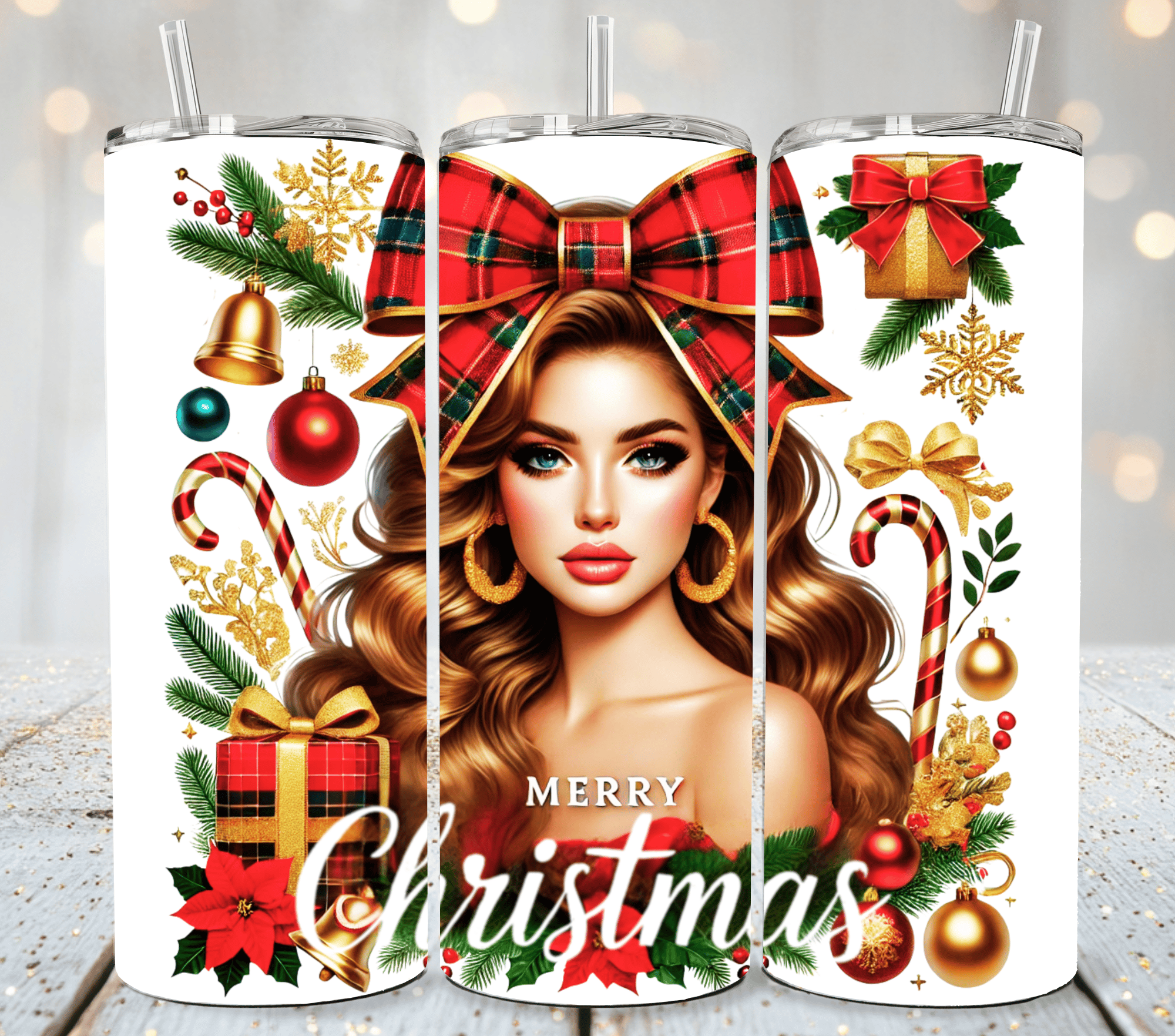 Merry Christmas Red Plaid Bow Tumbler Wrap Png: Queen 20oz Skinny Sublimation (PNG) Holiday ...