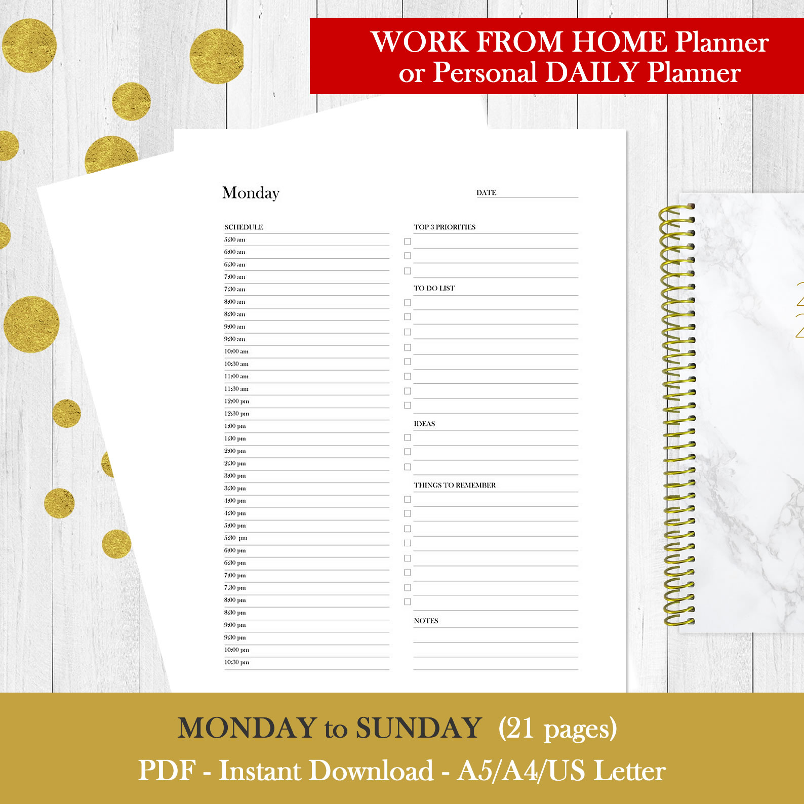 Work From Home Planner, Personal Daily Planner, Daily Hourly Planner ...