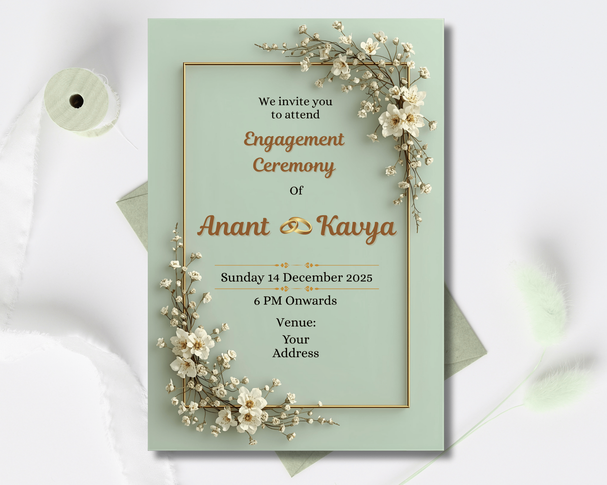 Editable Engagement Invitation Template | Green Floral Engagement ...