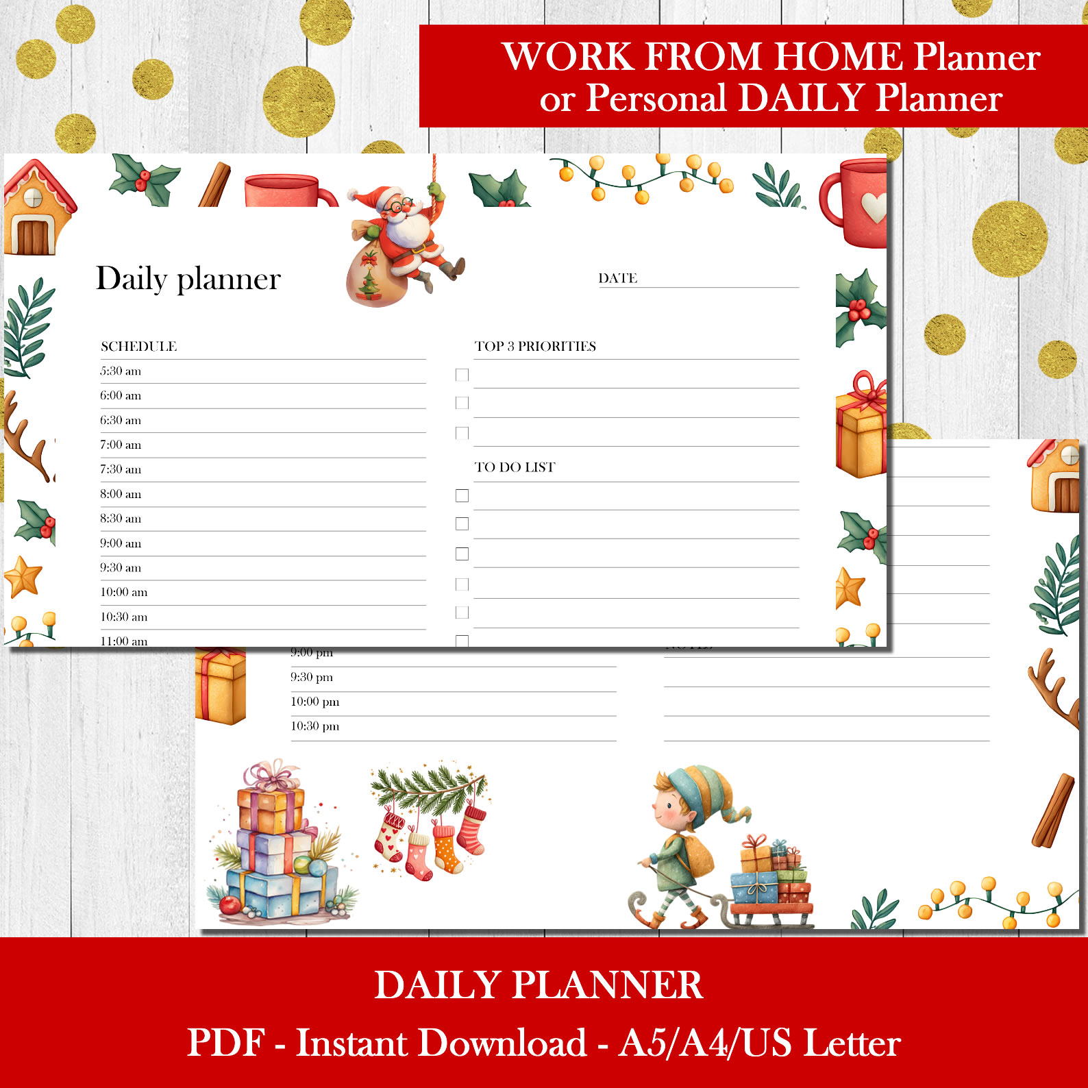 XMAS Work From Home Planner, Personal Daily Planner, Daily Hourly ...