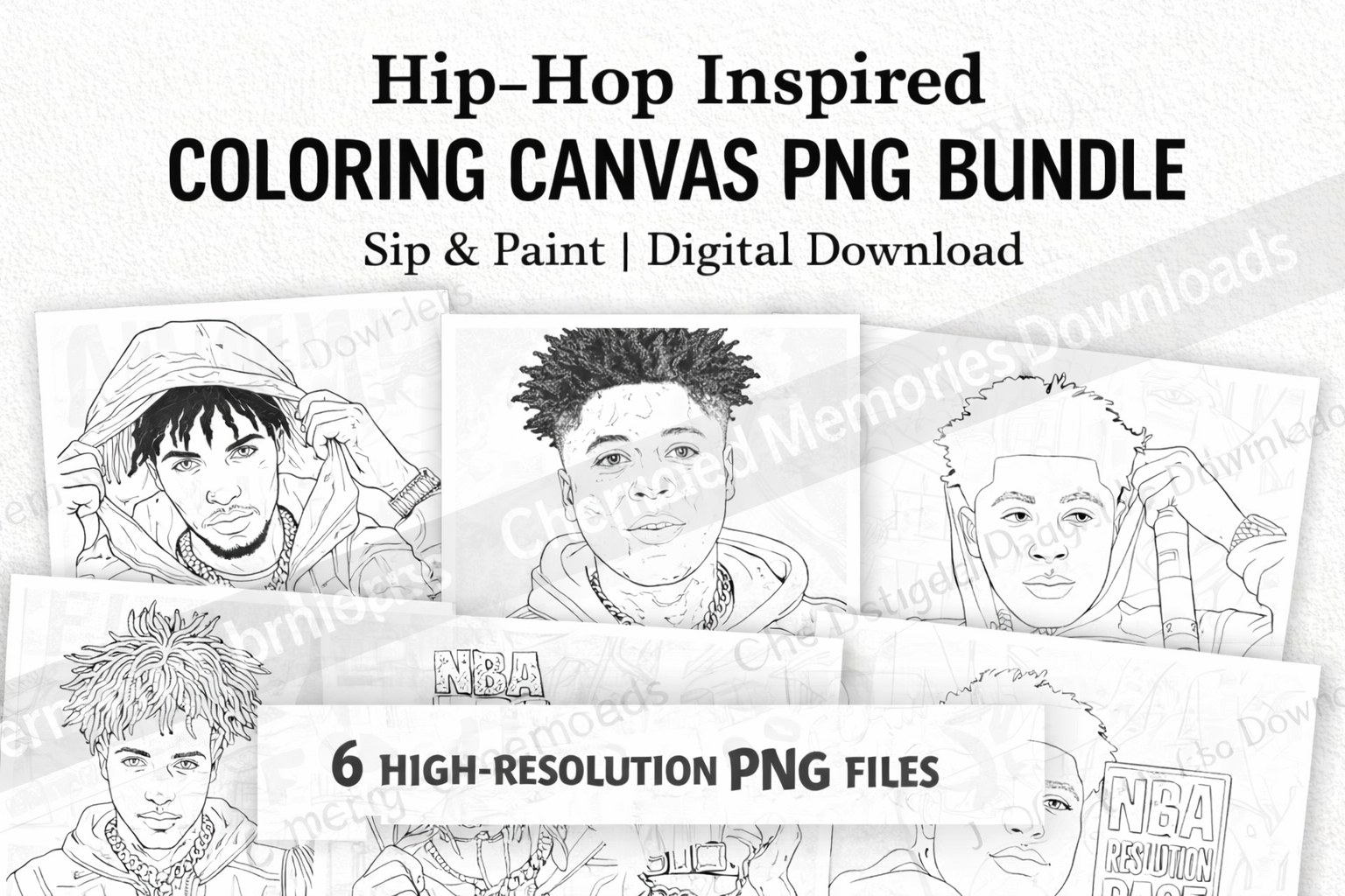 Hip-Hop Inspired Coloring Canvas PNG Bundle | Sip & Paint Line Art ...