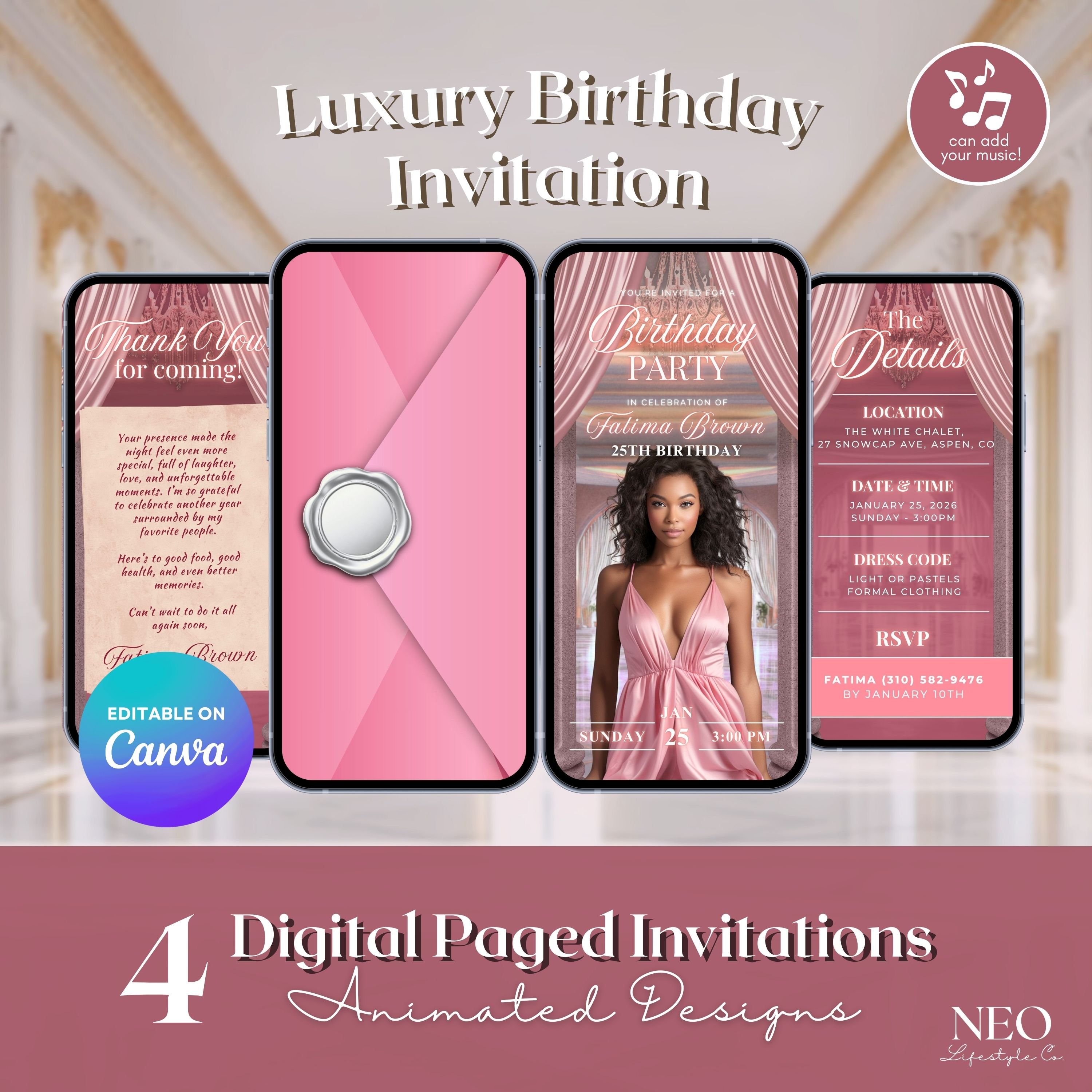 Luxury Birthday Invitation, Pink Birthday Party Invite for Elegant ...