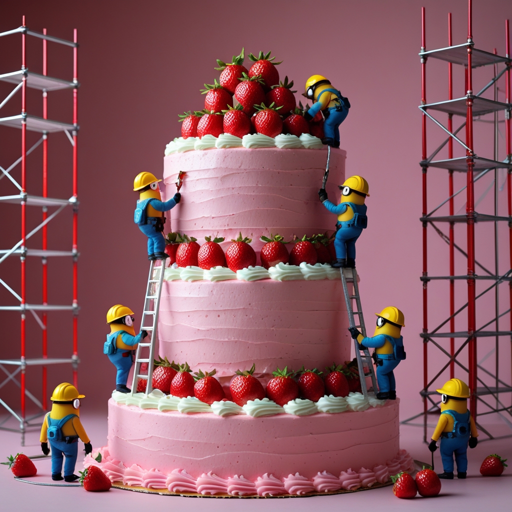Macro scene of miniature minion construction workers decorating a ...