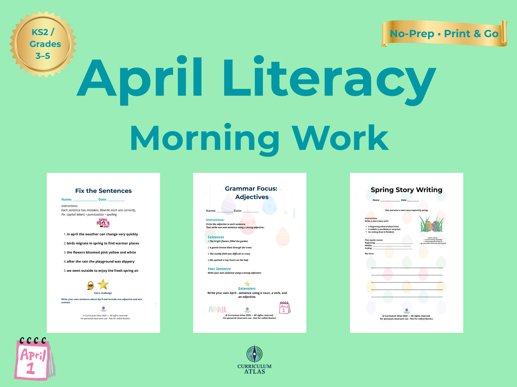 April Literacy Morning Work | Print & Go Worksheets (KS2 / Grades 3–5 ...