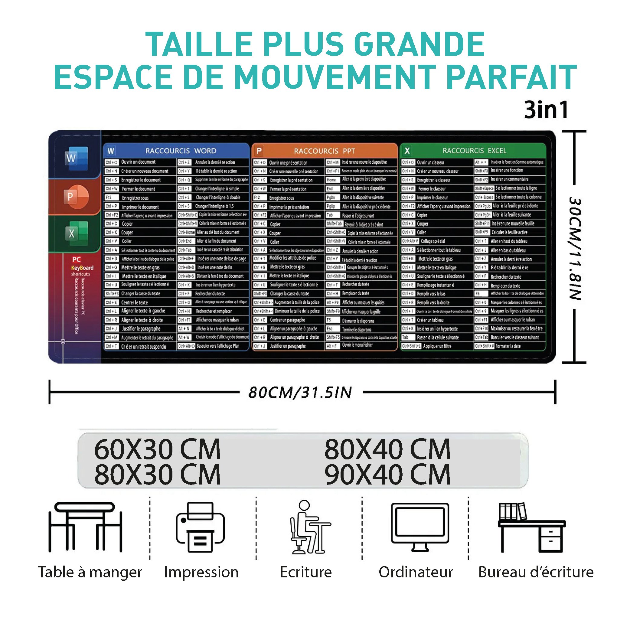 Tapis de souris XXL raccourcis Word Excel PPT français, bureau gaming ...