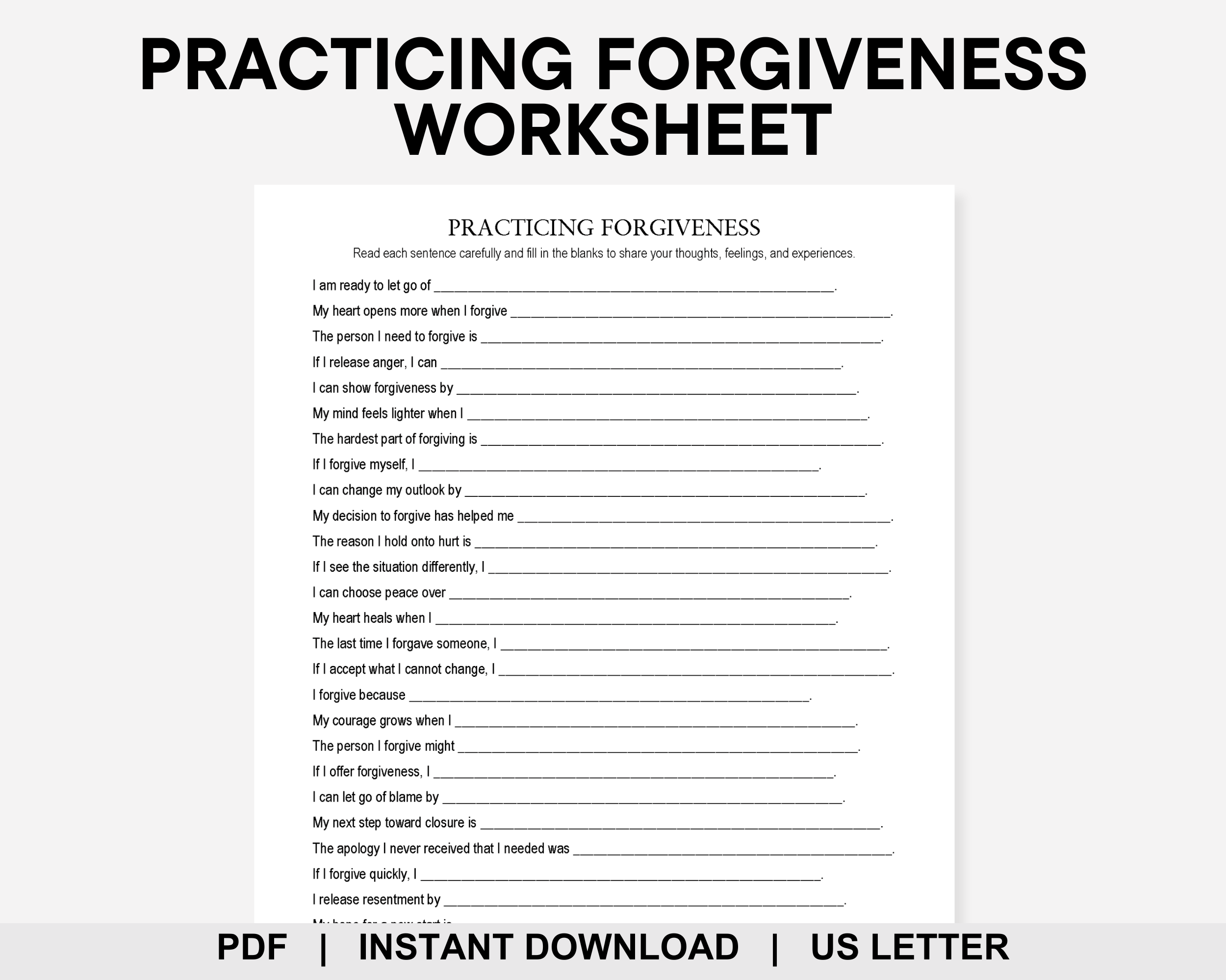 Practicing Forgiveness Worksheet, Self Forgiveness, Self Acceptance ...