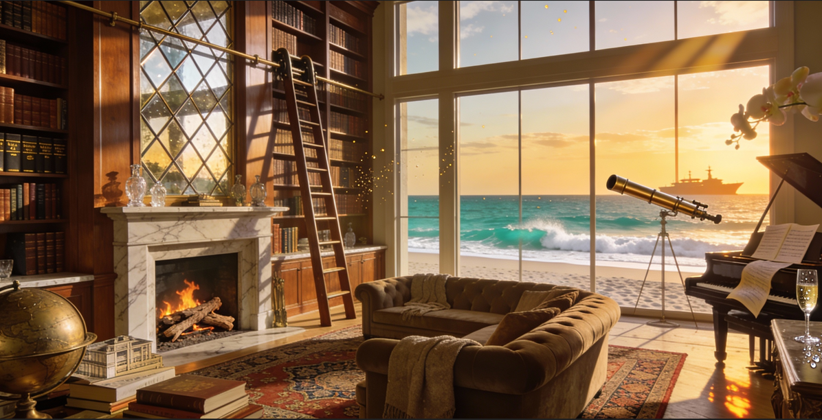 Beachfront Mansion Library Sunset 16:9 Art - Payhip