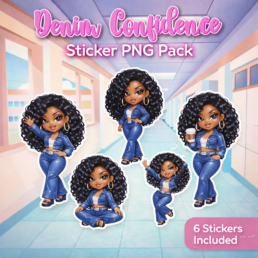 Denim Confidence – Curly Girl Sticker PNG Pack (6 Stickers) - Payhip