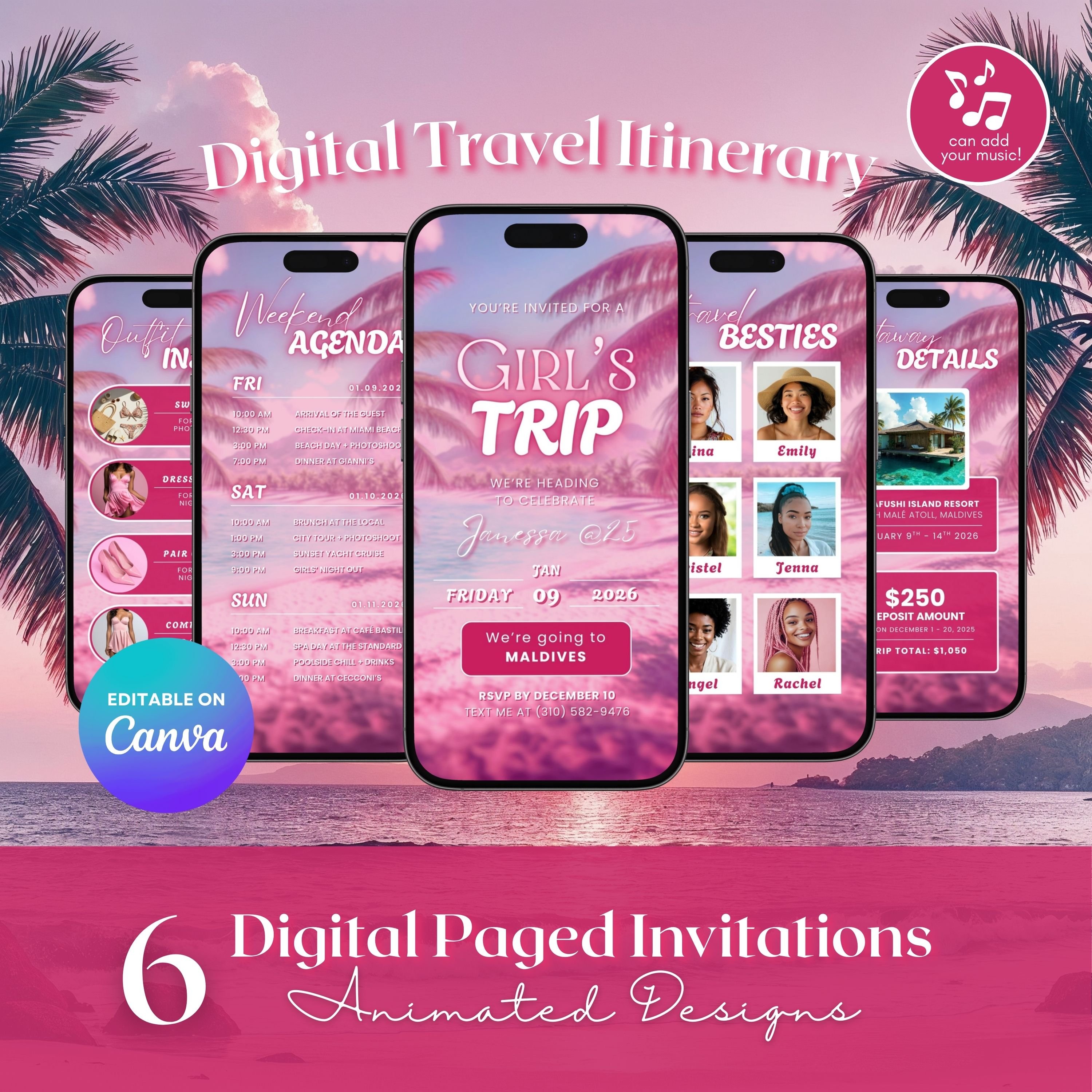 Girl's Trip Itinerary, Birthday Weekend Digital Invitation, Pink Beach ...
