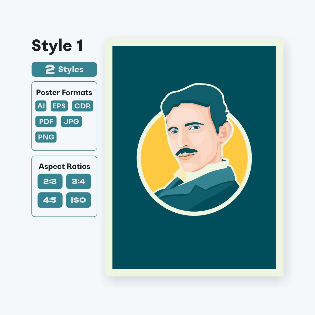 Nikola Tesla Vector Portrait Poster - Printable Historical Wall Art