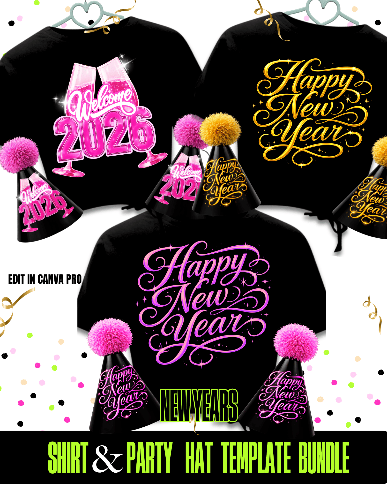 New Year T-Shirt & Party Hat Template Bundle - Payhip