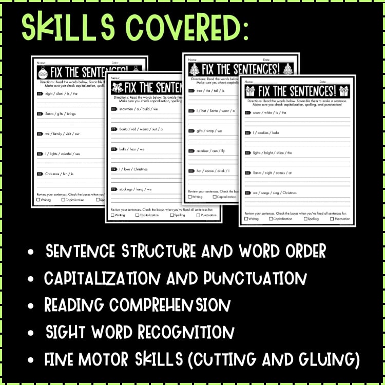 Christmas Sentence Scramble Cut and Paste - Fix the Sentence Builder ...