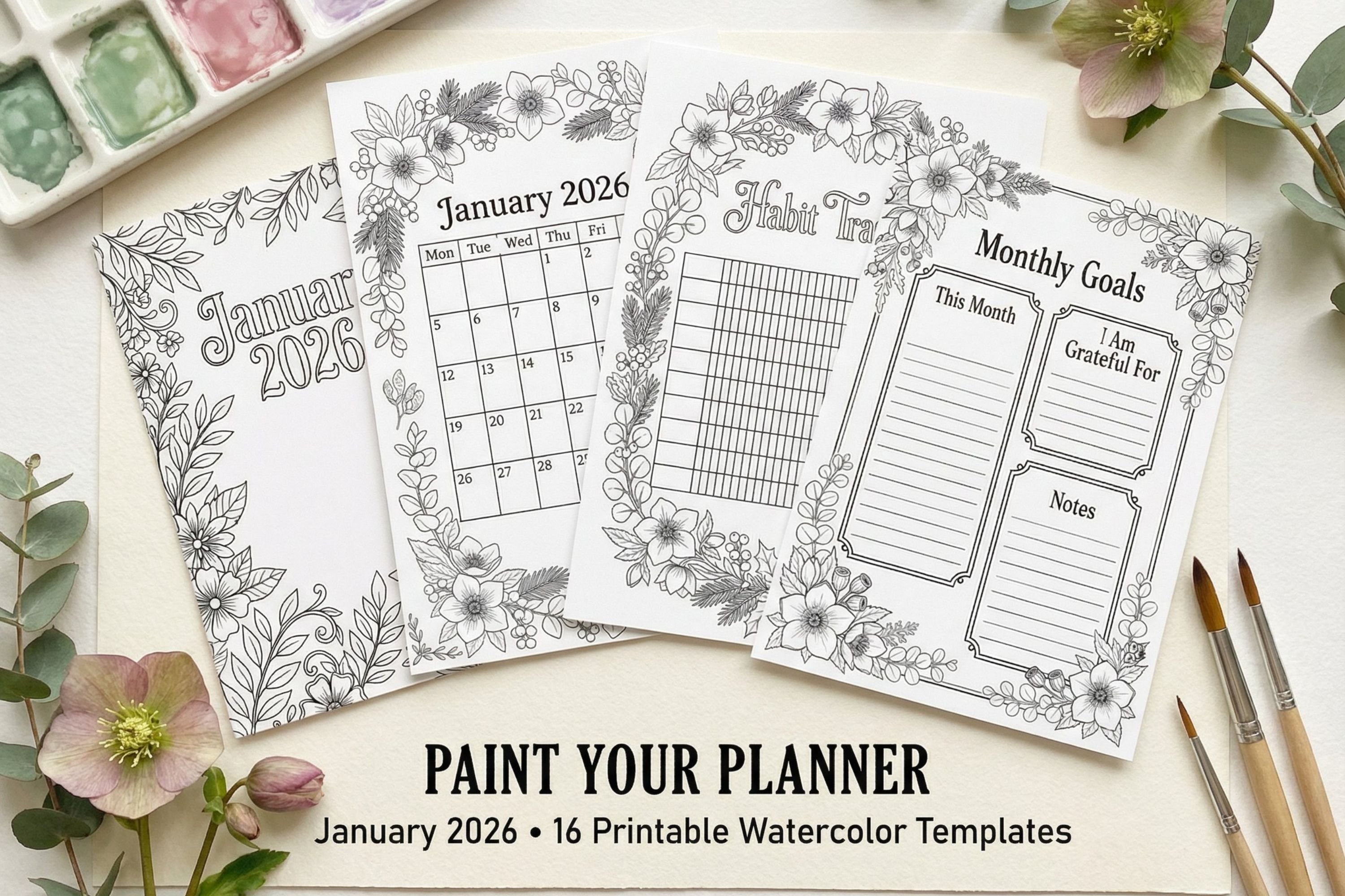 Paint Your Planner: January 2026 — Printable Watercolor Templates - Payhip