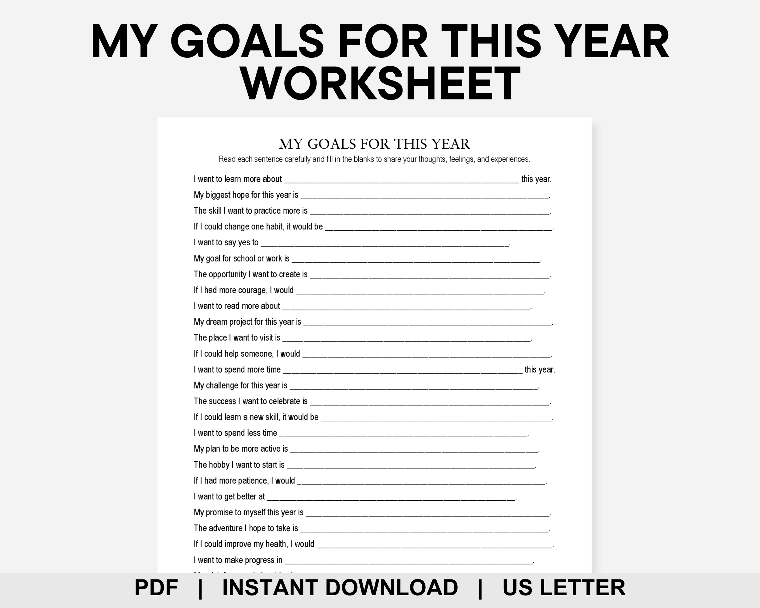 My Goals for This Year Worksheet, New Year Resolutions, Yearly Goals ...