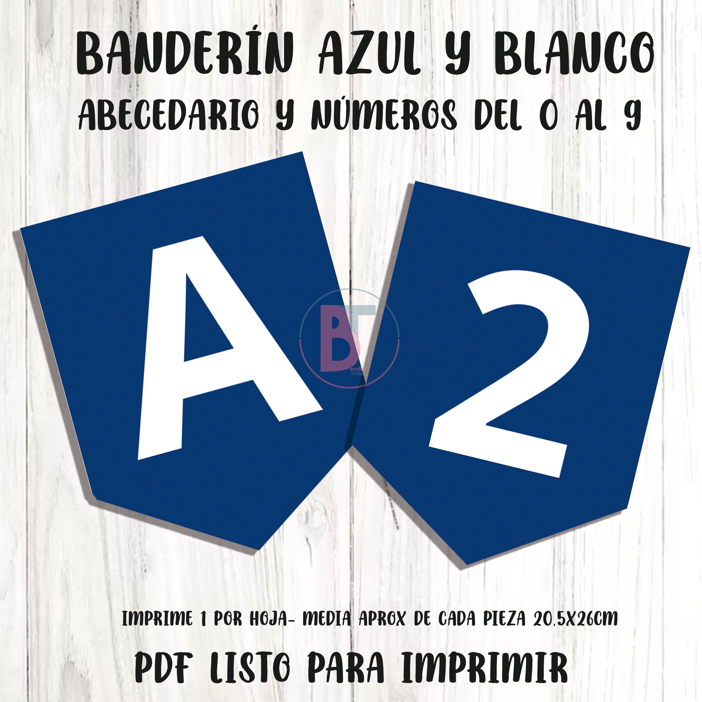 Banderín azul y blanco imprimible. Abecedario y números