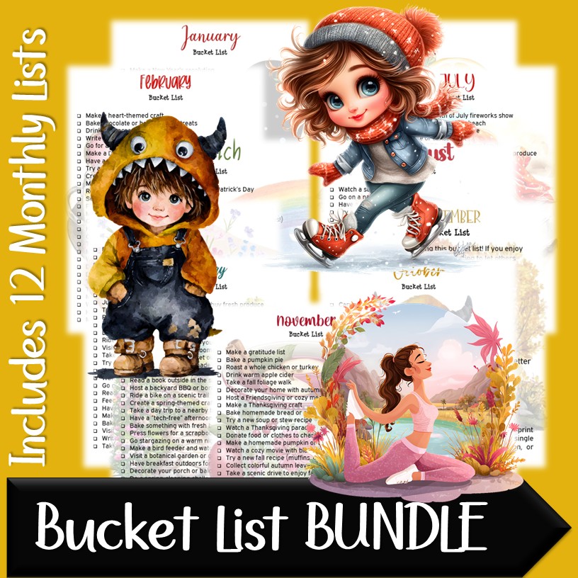 Monthly Bucket List Bundle Printable | 12 Months of Fun & Goal Ideas