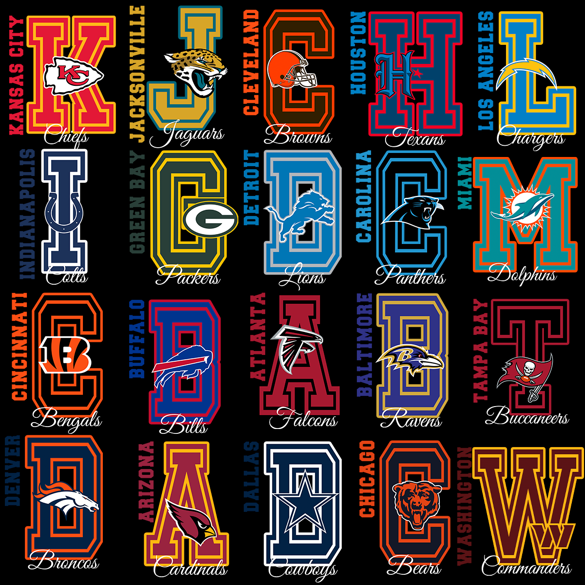32 NFL Team Initial Bold Letter Designs PNG - Payhip