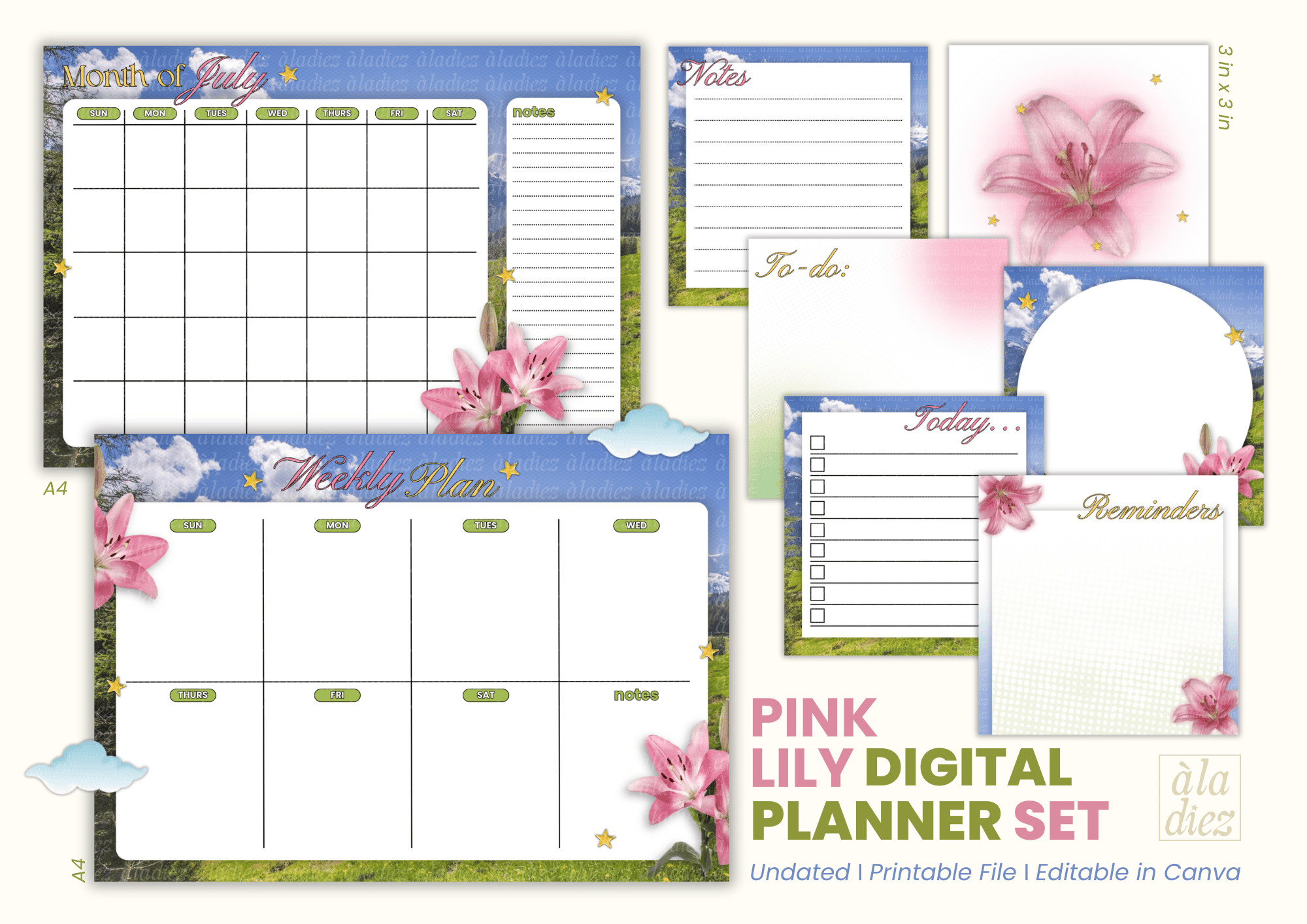 Pink Lily Digital Planner Set I Undated I Printable File I Editable in ...