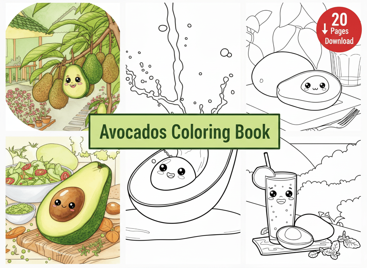 Avocados Coloring Book – 20 Kawaii Avocado Faces, Sliced Treats ...