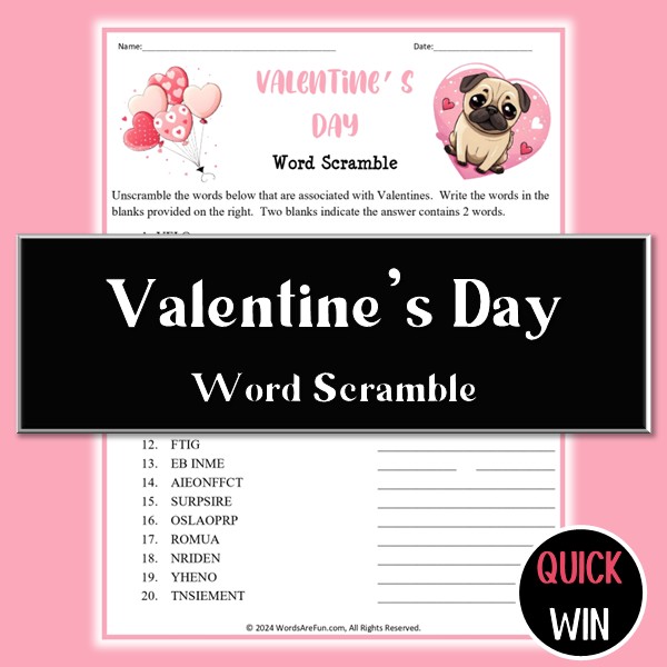 Valentine’s Day Word Scramble Printable | Fun February Love Puzzle PDF