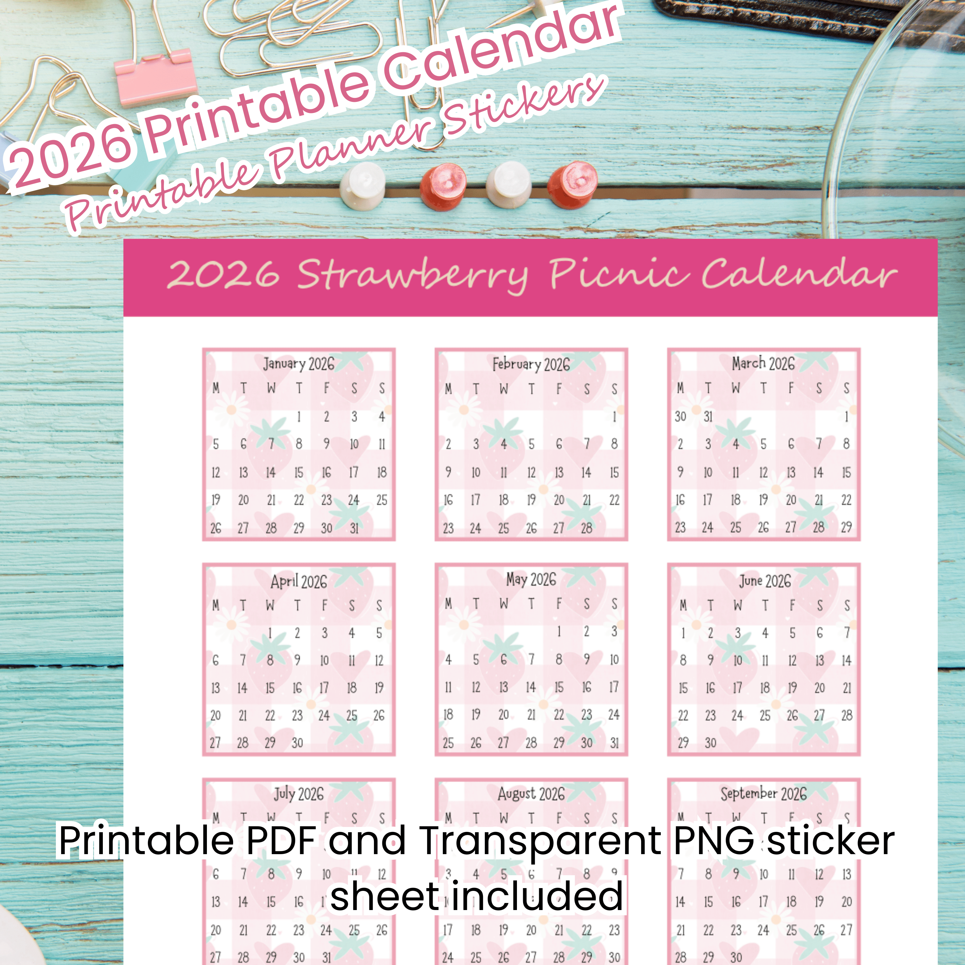 2026 Strawberry Picnic Calendar | Printable Monthly Planner Stickers ...