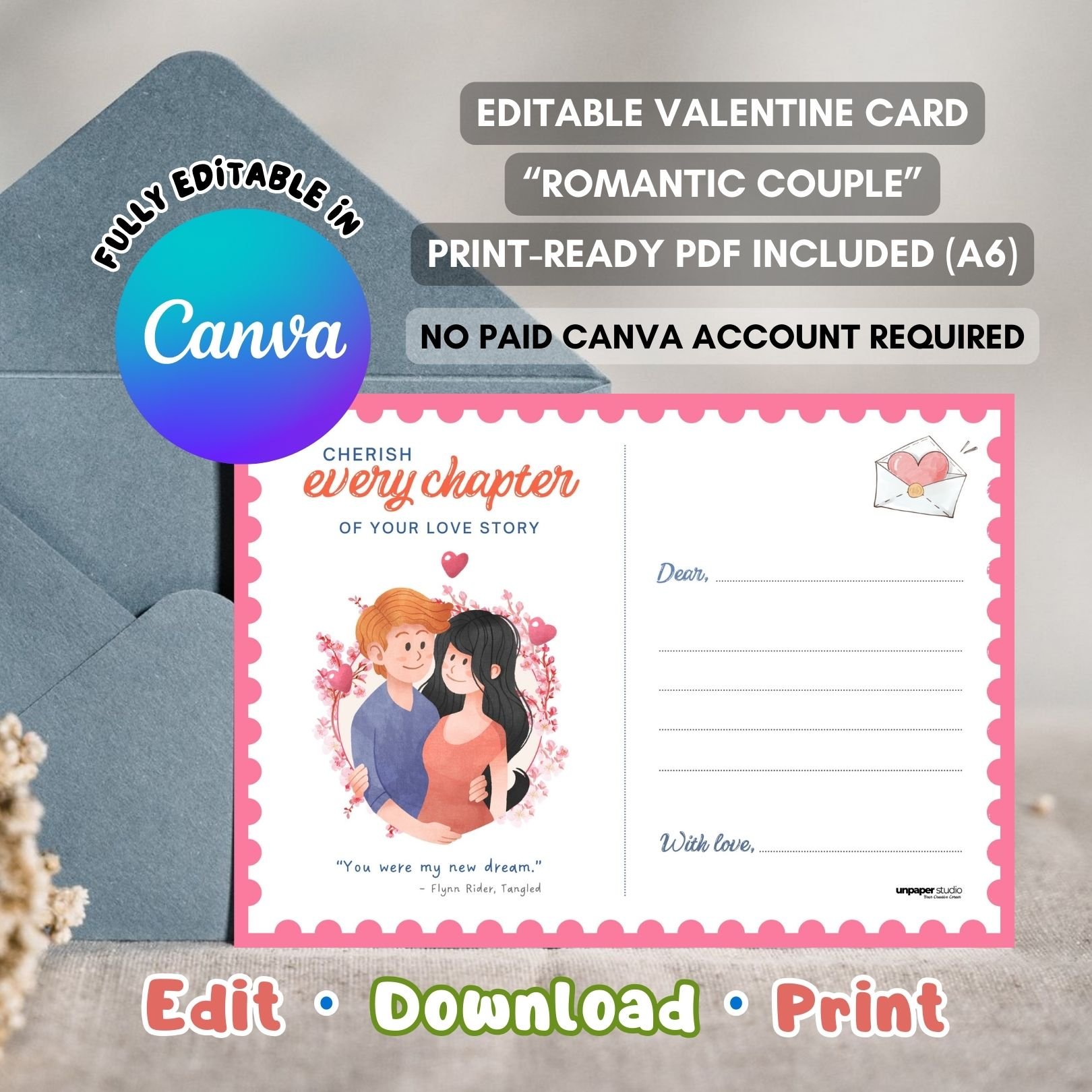 Romantic Couple Love | Editable Valentine’s Day Card A6 | Canva Free ...