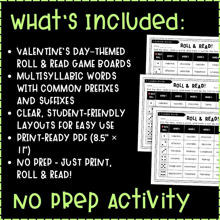 Valentine’s Day Roll & Read Multisyllabic Words Game Prefixes ...