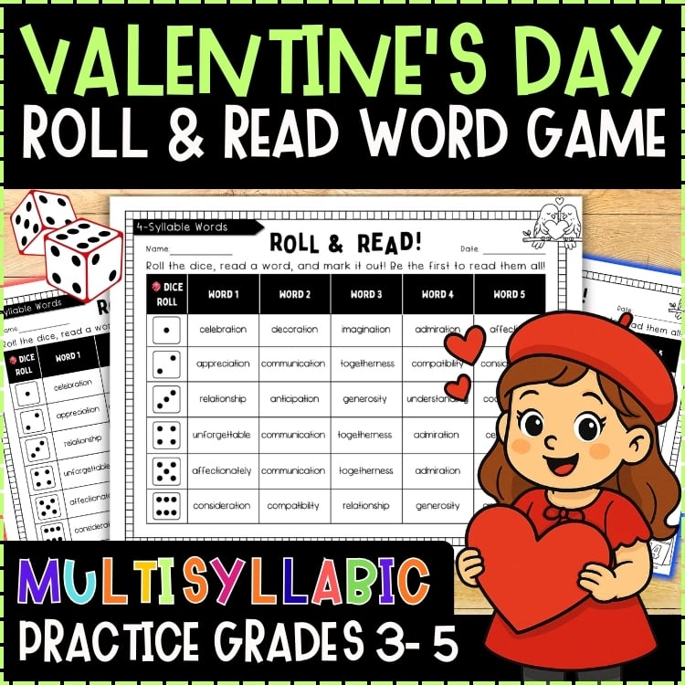 Valentine’s Day Roll & Read Multisyllabic Words Game Prefixes ...