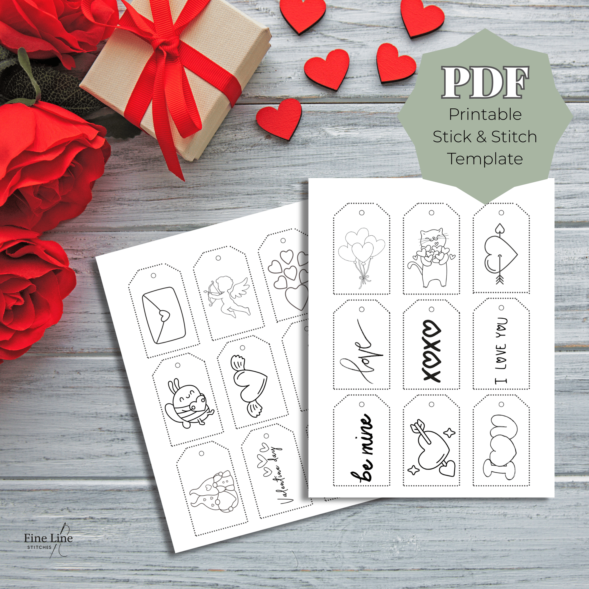 Valentine's Gift Tag Stick and Stitch PDF Template, Beginner Hand ...