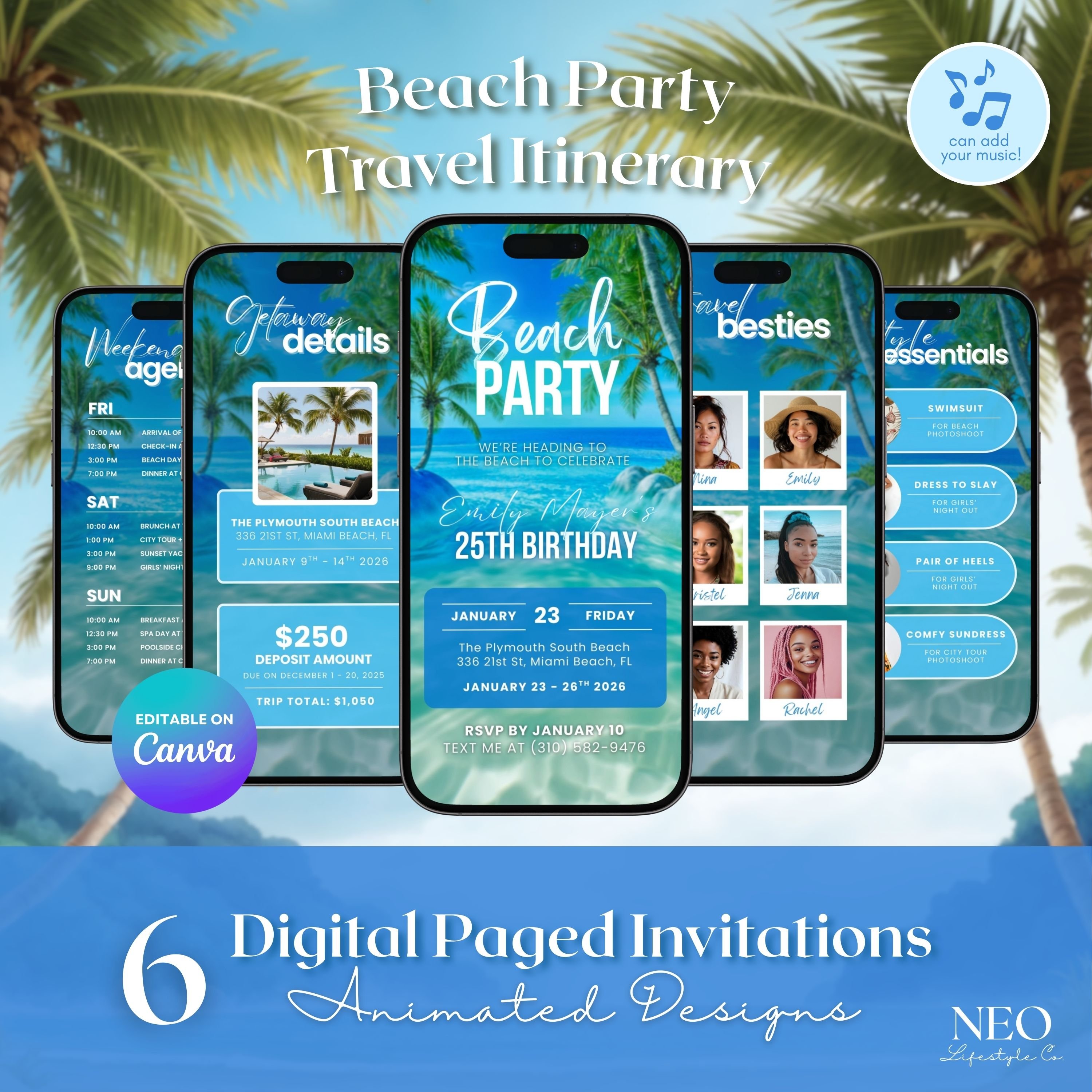 Digital Travel Itinerary, Birthday Weekend Invitation, Blue Beach Party ...