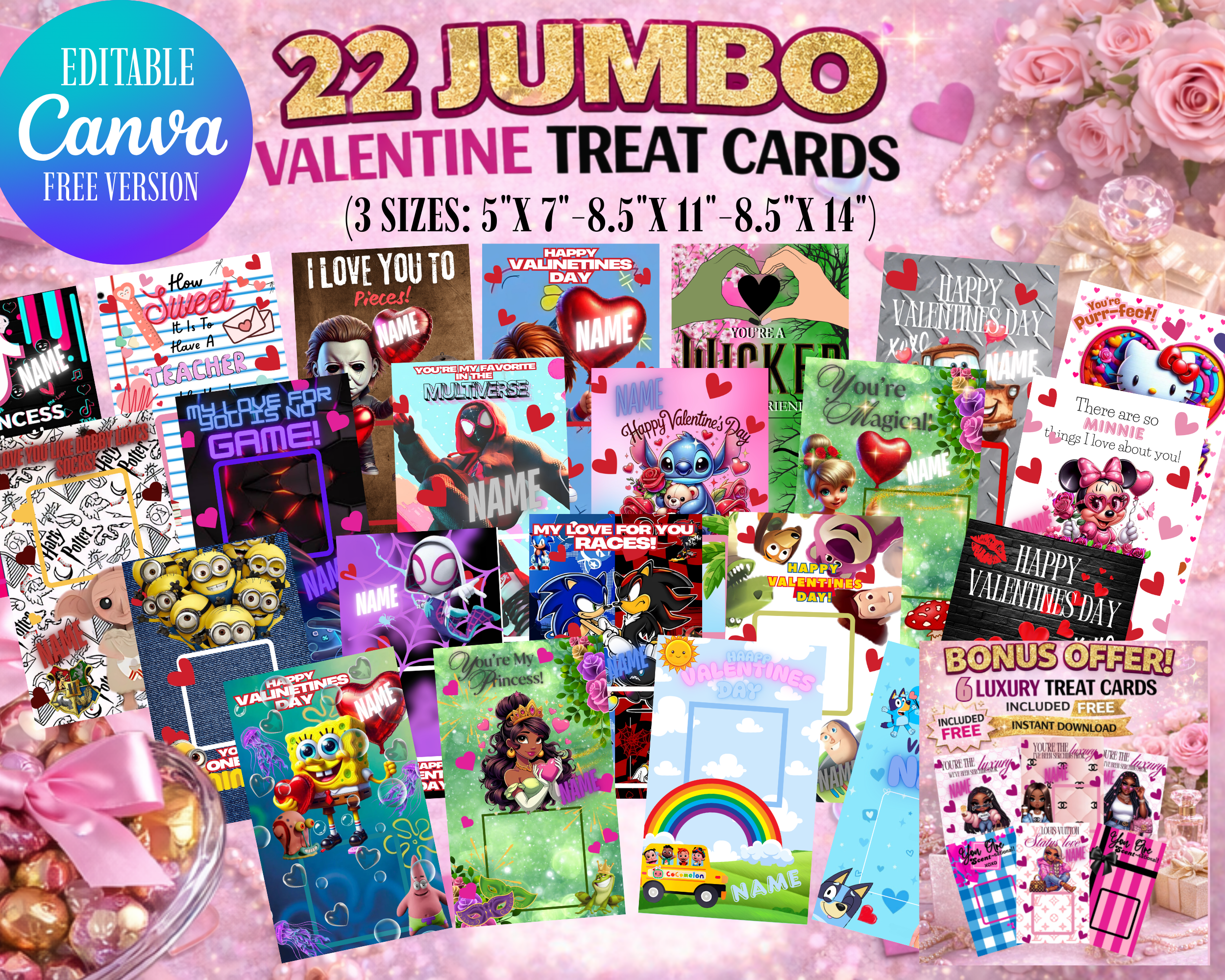 Digital 22 Jumbo Printable Character Valentine’s Day Cards | 8.5 x 11 ...