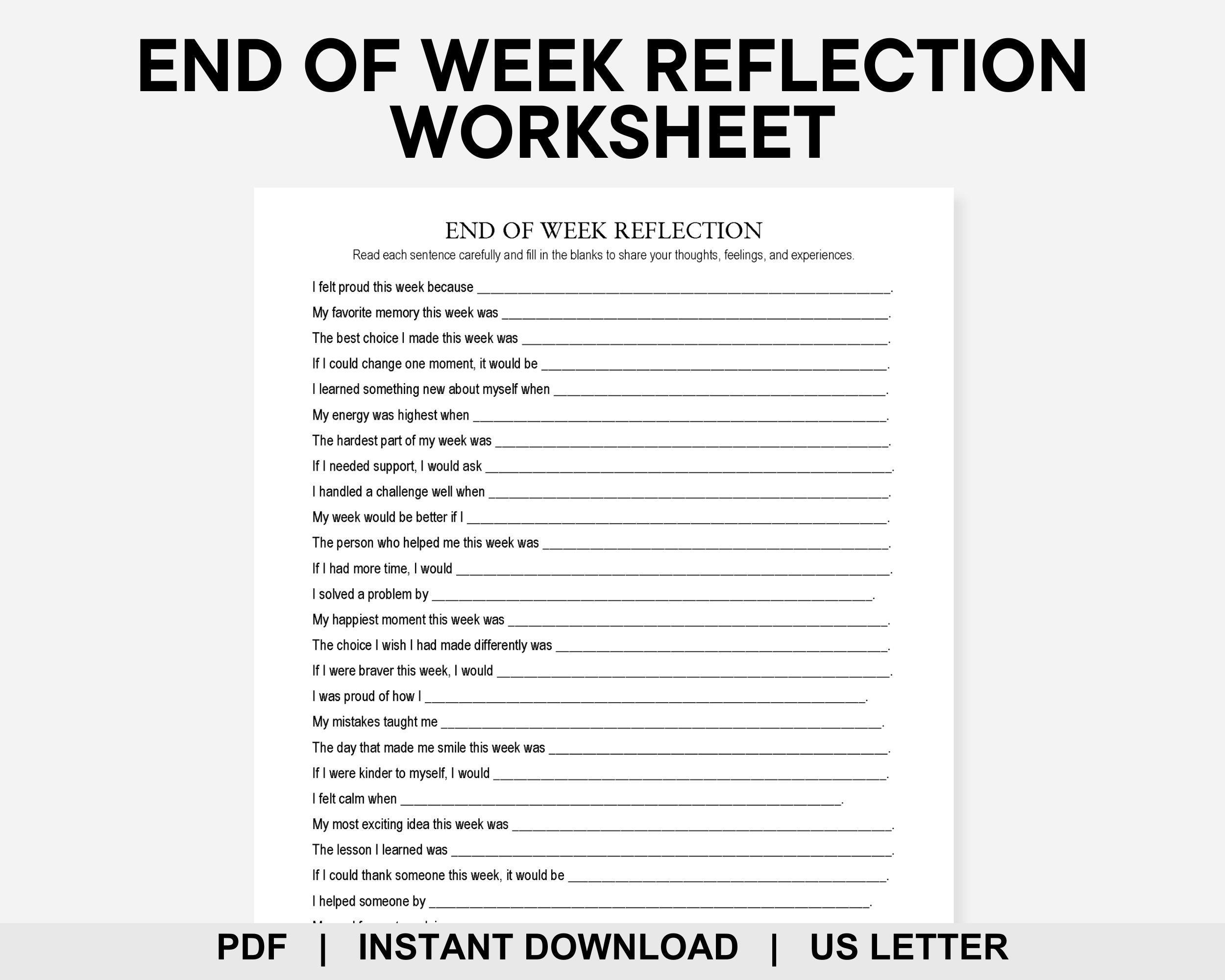 End of Week Reflection Worksheet, Weekly Review, Weekly Check In ...