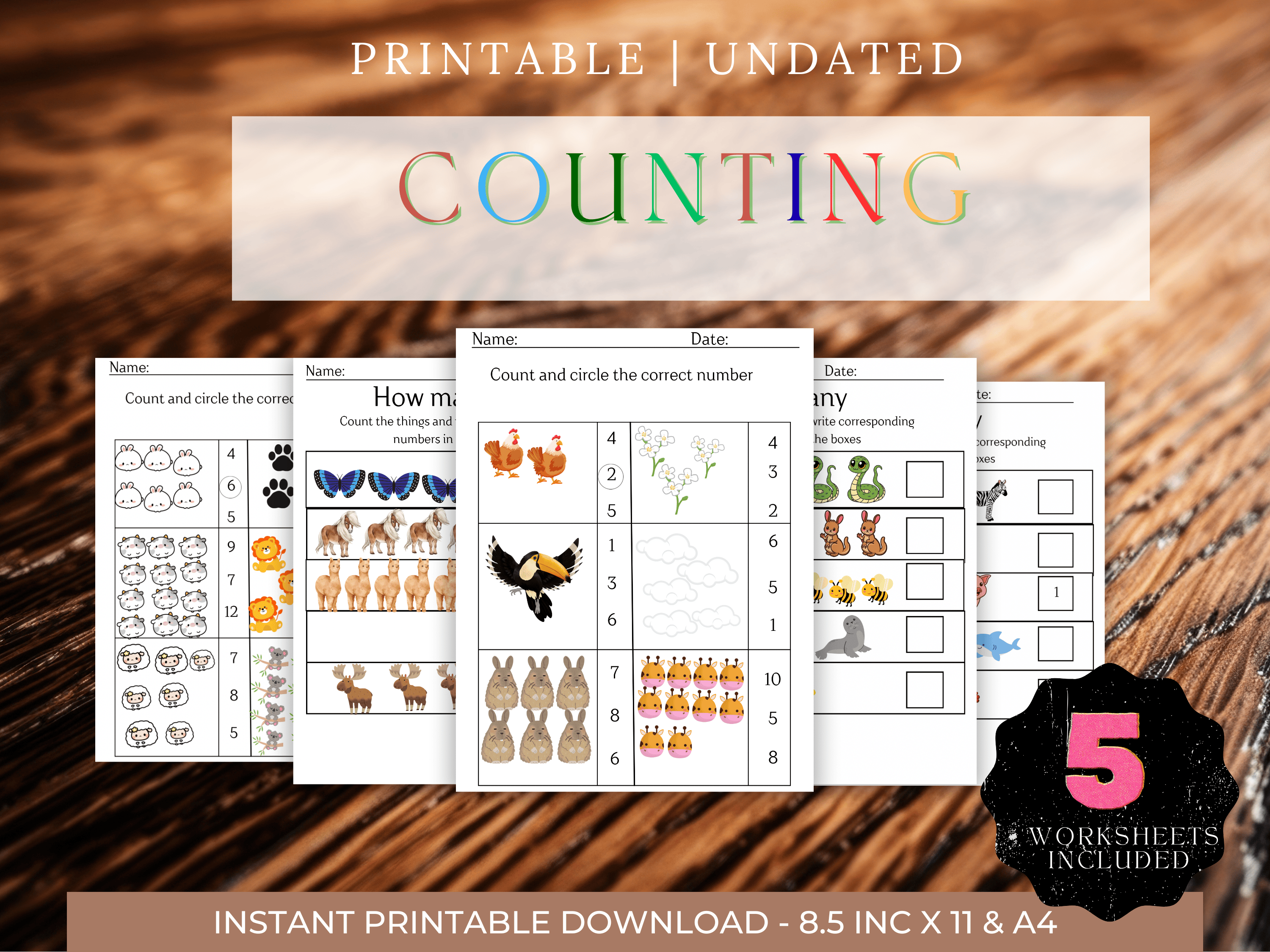 Preschool Counting Practice Printable, Fun Animal Math Worksheets for ...