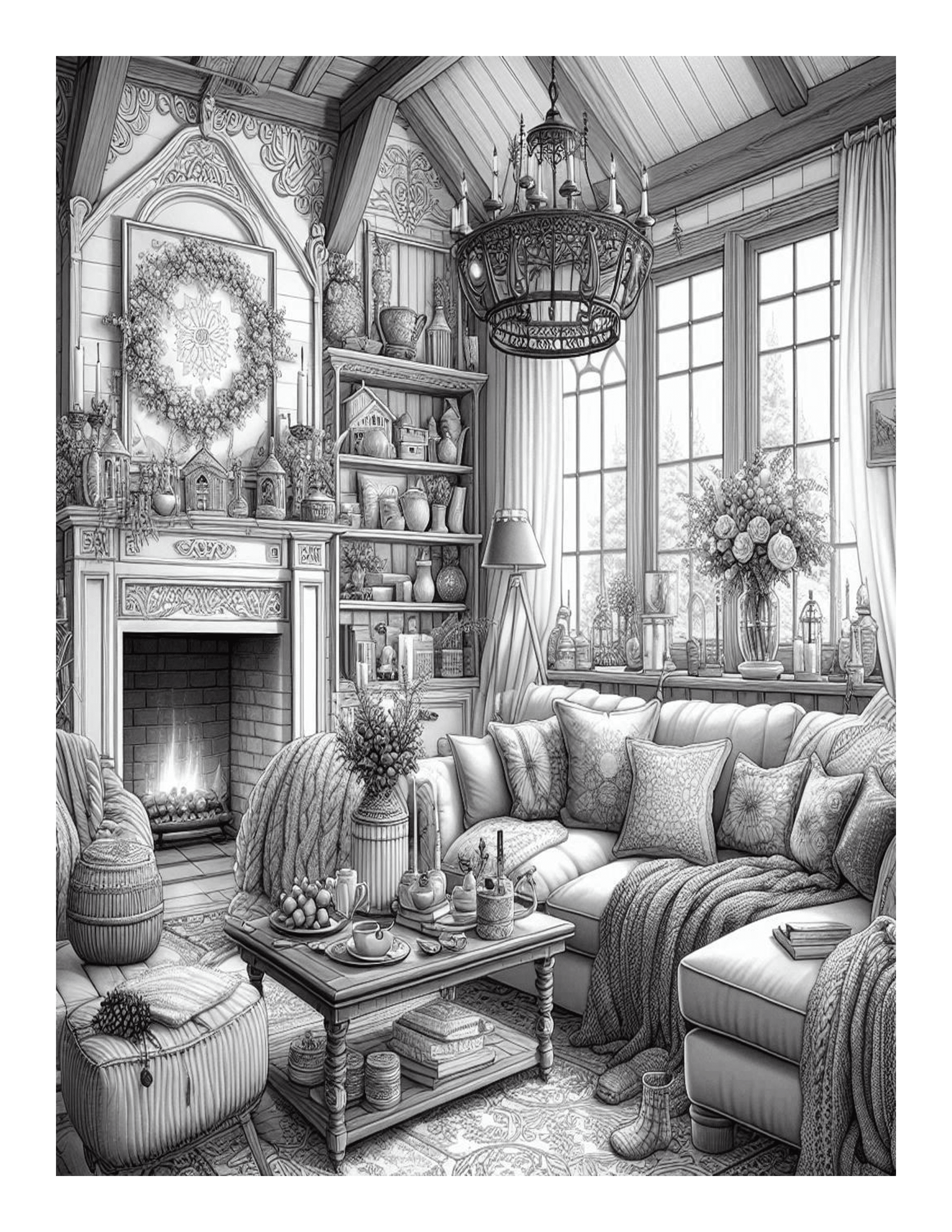 Grayscale Cozy Living Room Coloring Pages for Adults: Features 25 ...