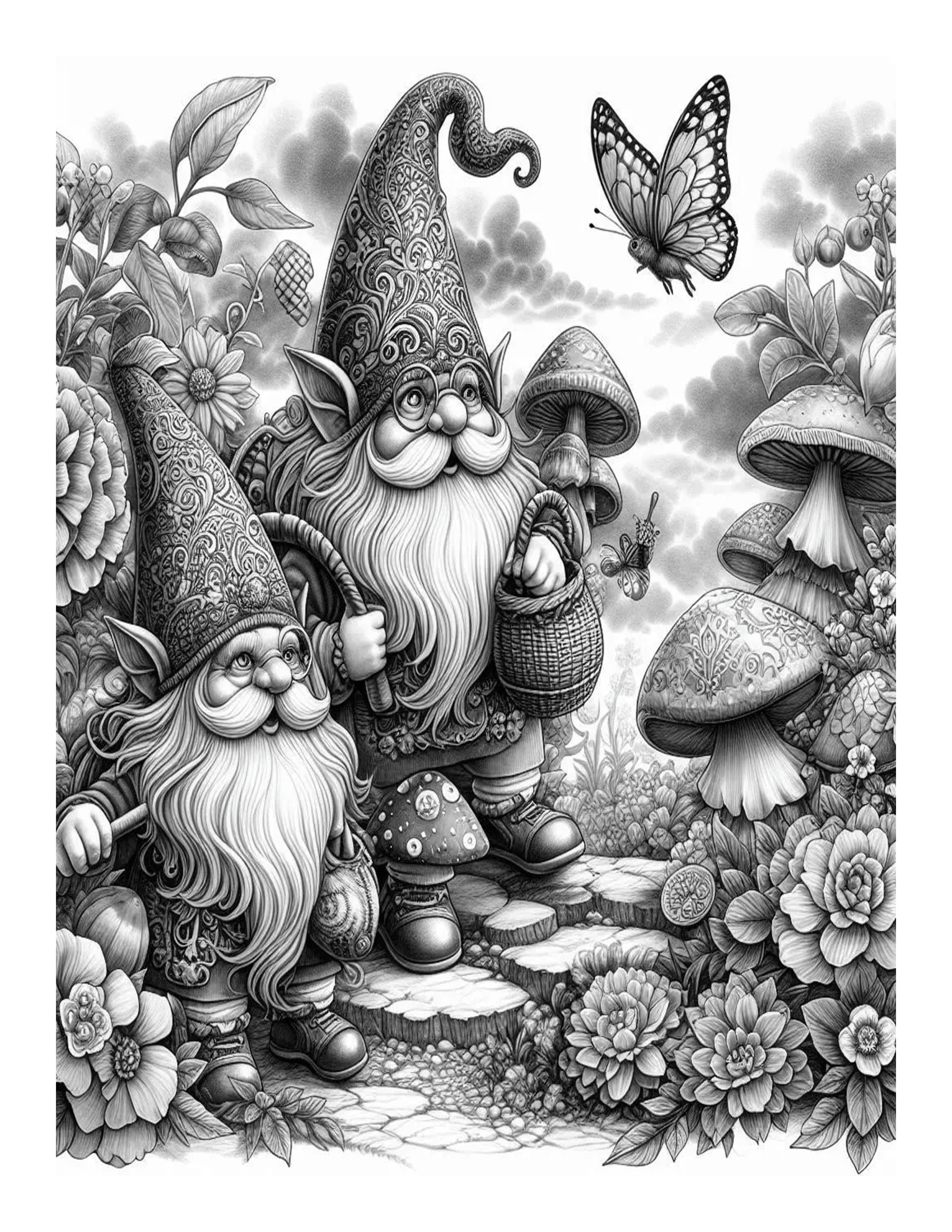 Grayscale Magical Wonderland Gnomes Coloring Pages for Adults: Features ...