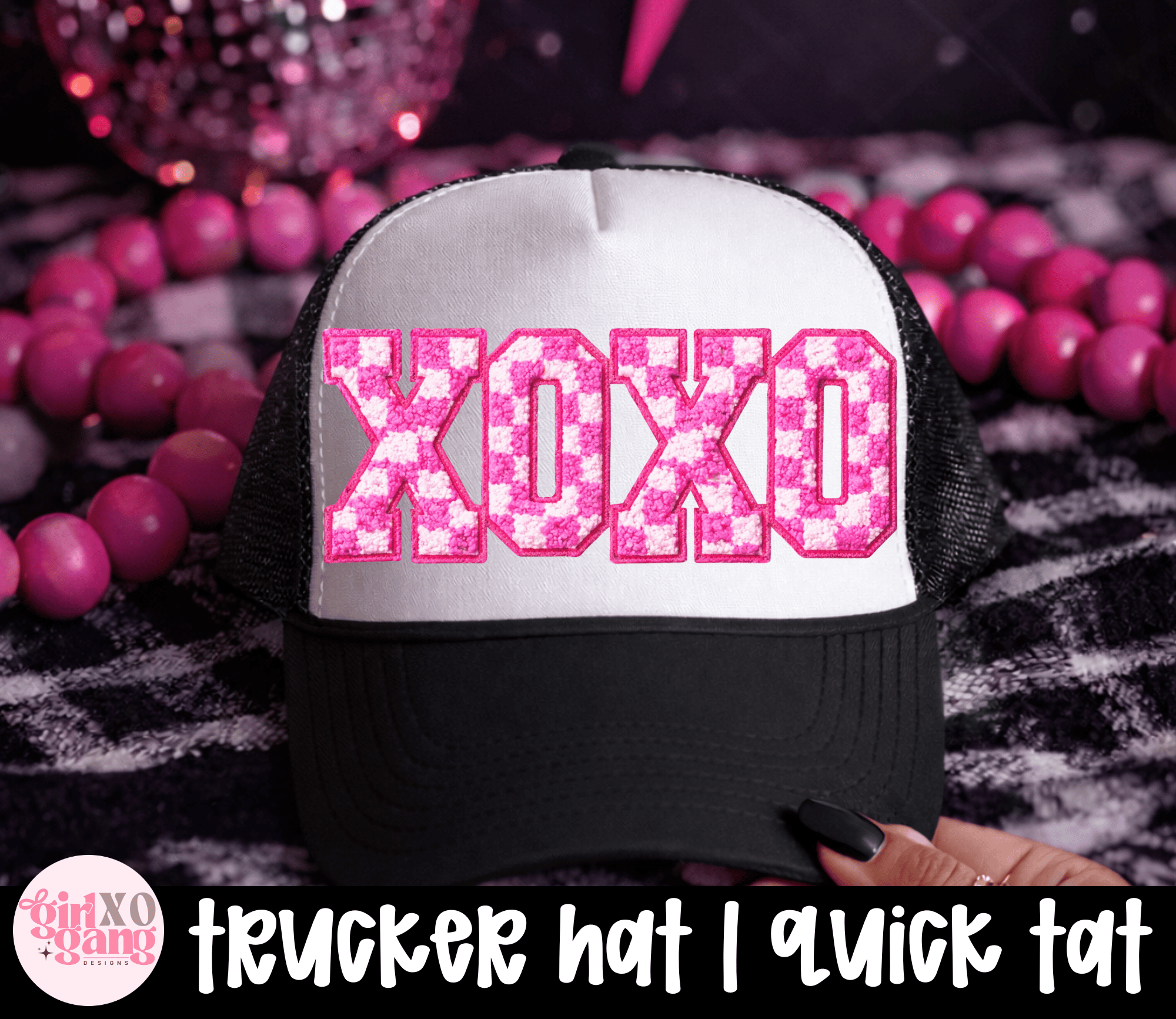 xoxo trucker hat, black trucker hat with mesh back and faux checkered ...