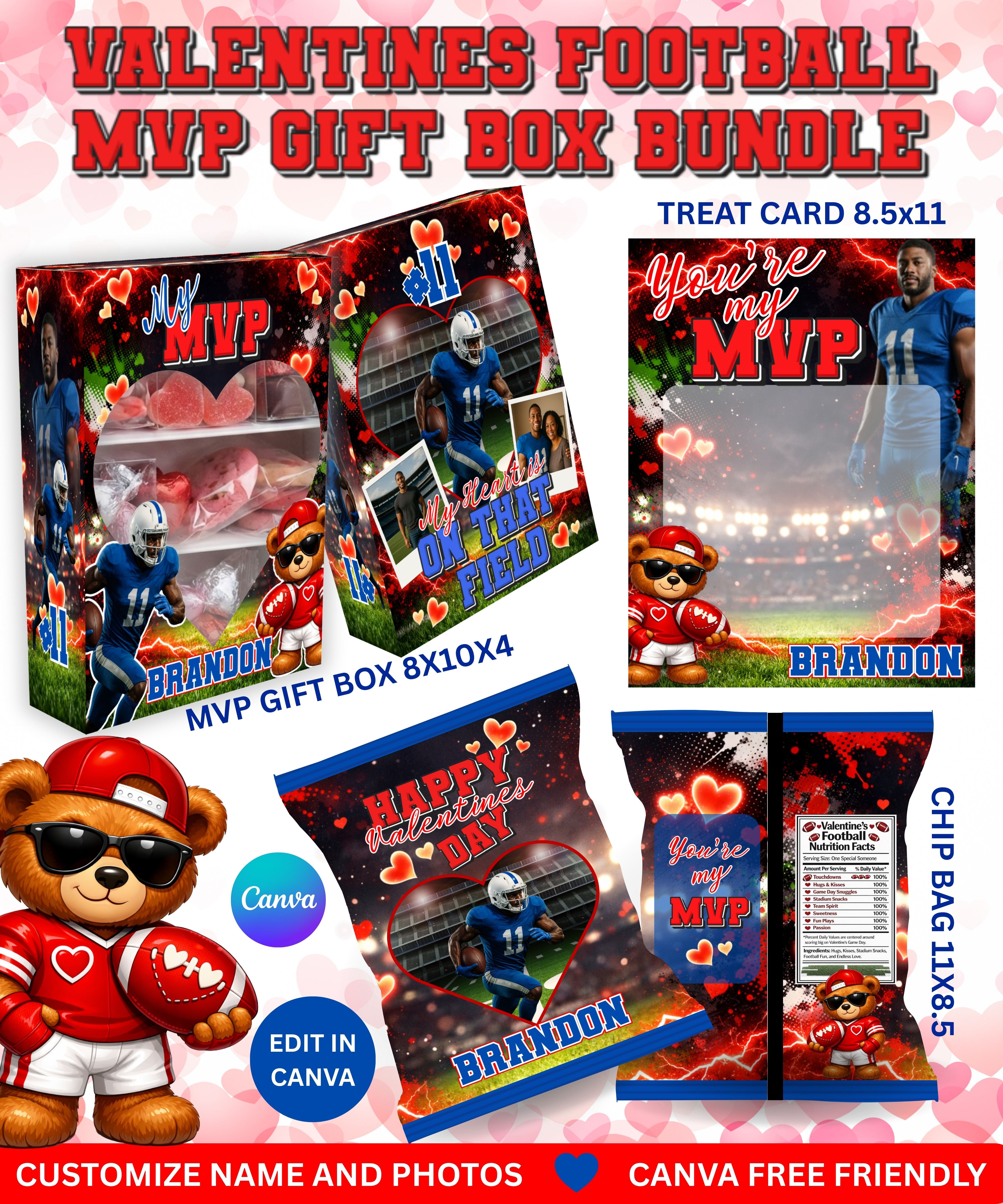 Valentine’s Football MVP Gift Box Bundle | Editable Canva Valentine ...
