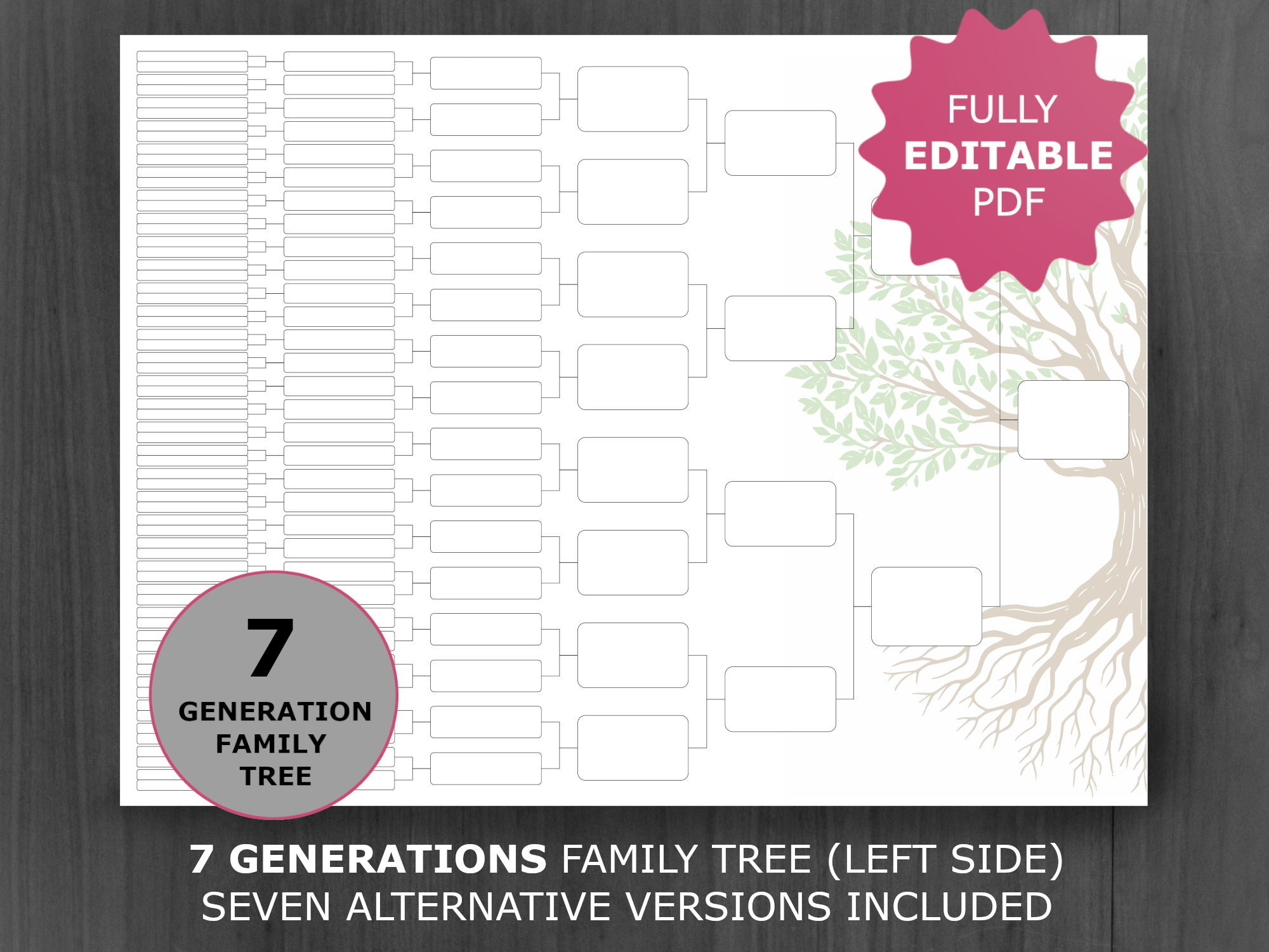 7 Generation Family Tree Chart LEFT-side: Printable and Editable ...
