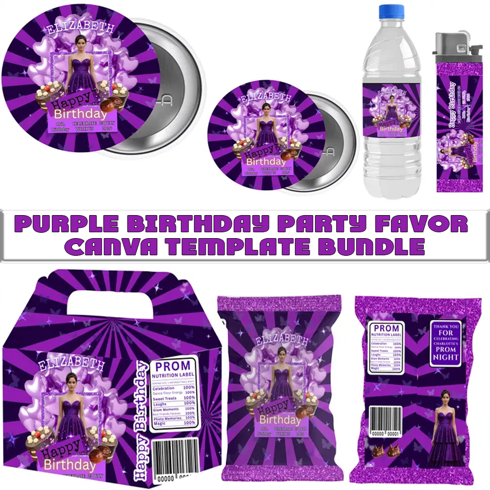 Purple Birthday Party Favor Design Bundle | Editable Canva Party Favor ...