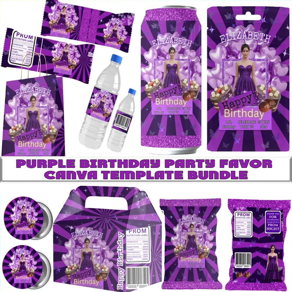 Purple Birthday Party Favor Design Bundle | Editable Canva Party Favor ...